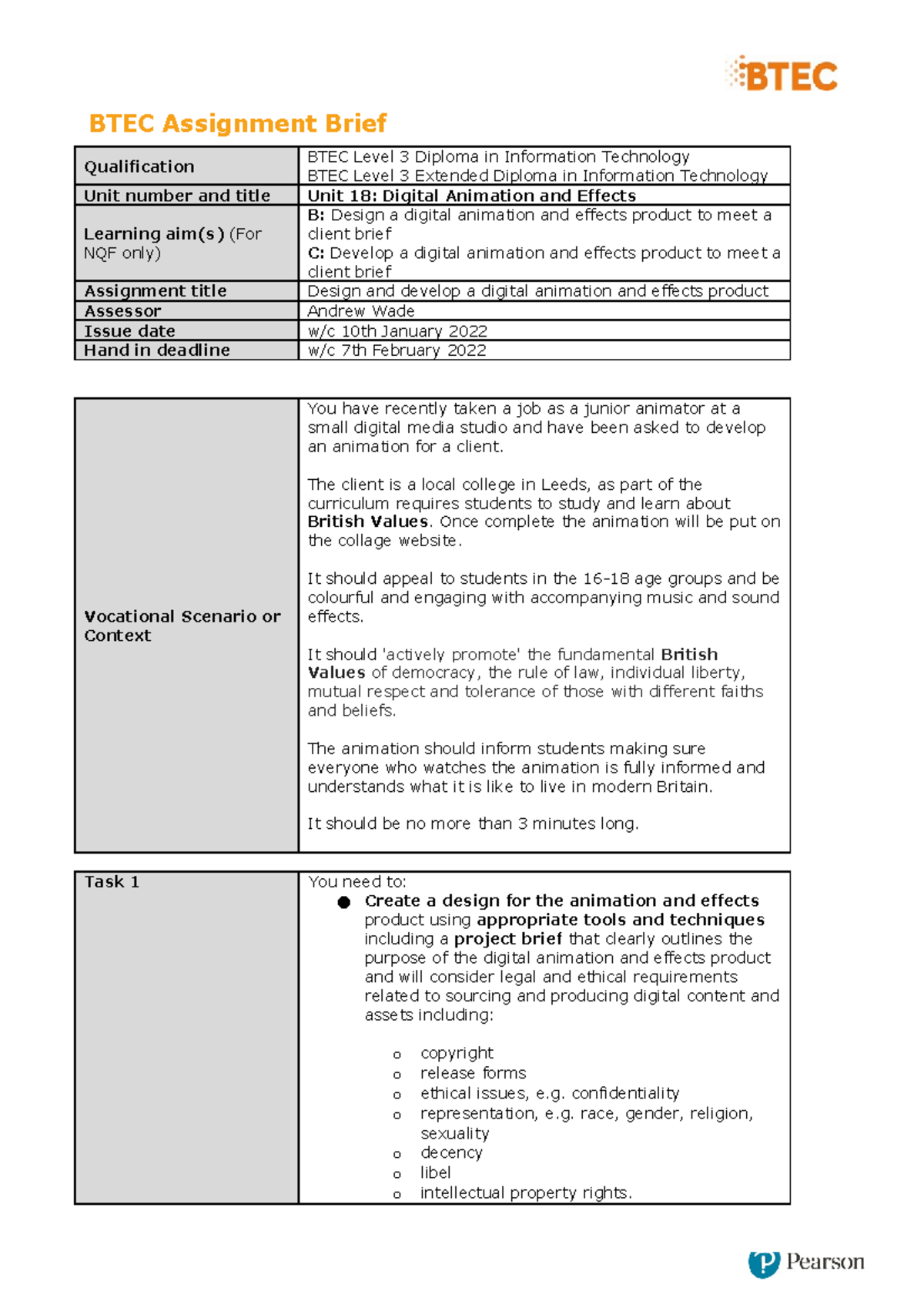BTEC 2598 Unit 18: Digital Animation & Effects Assignment Brief - Studocu