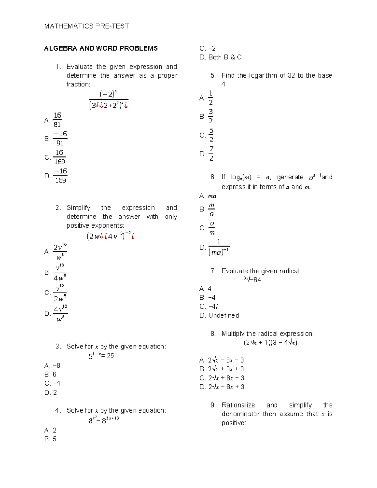 Mathematics (Pre-Test) with Algebra, Statistics, and Word Problems ...