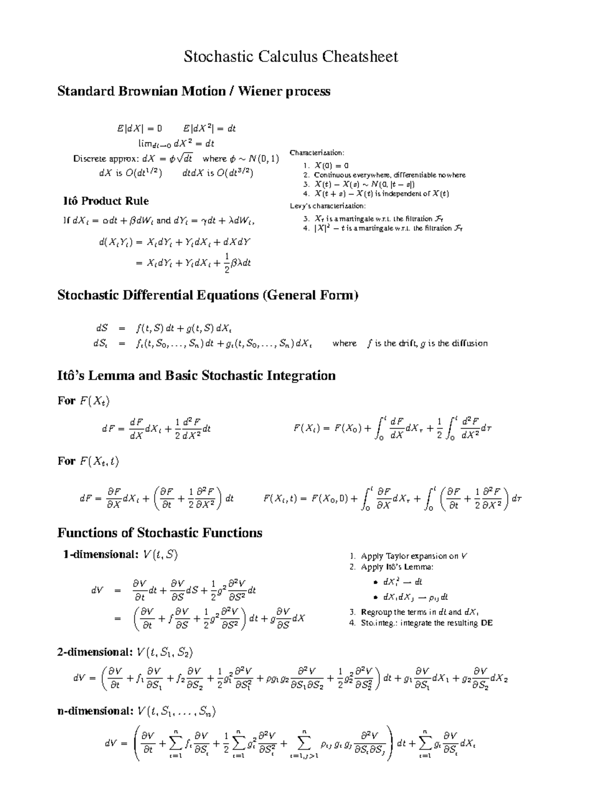 Stocalc - Stochastic Differential Equations Cheatsheet - Studocu