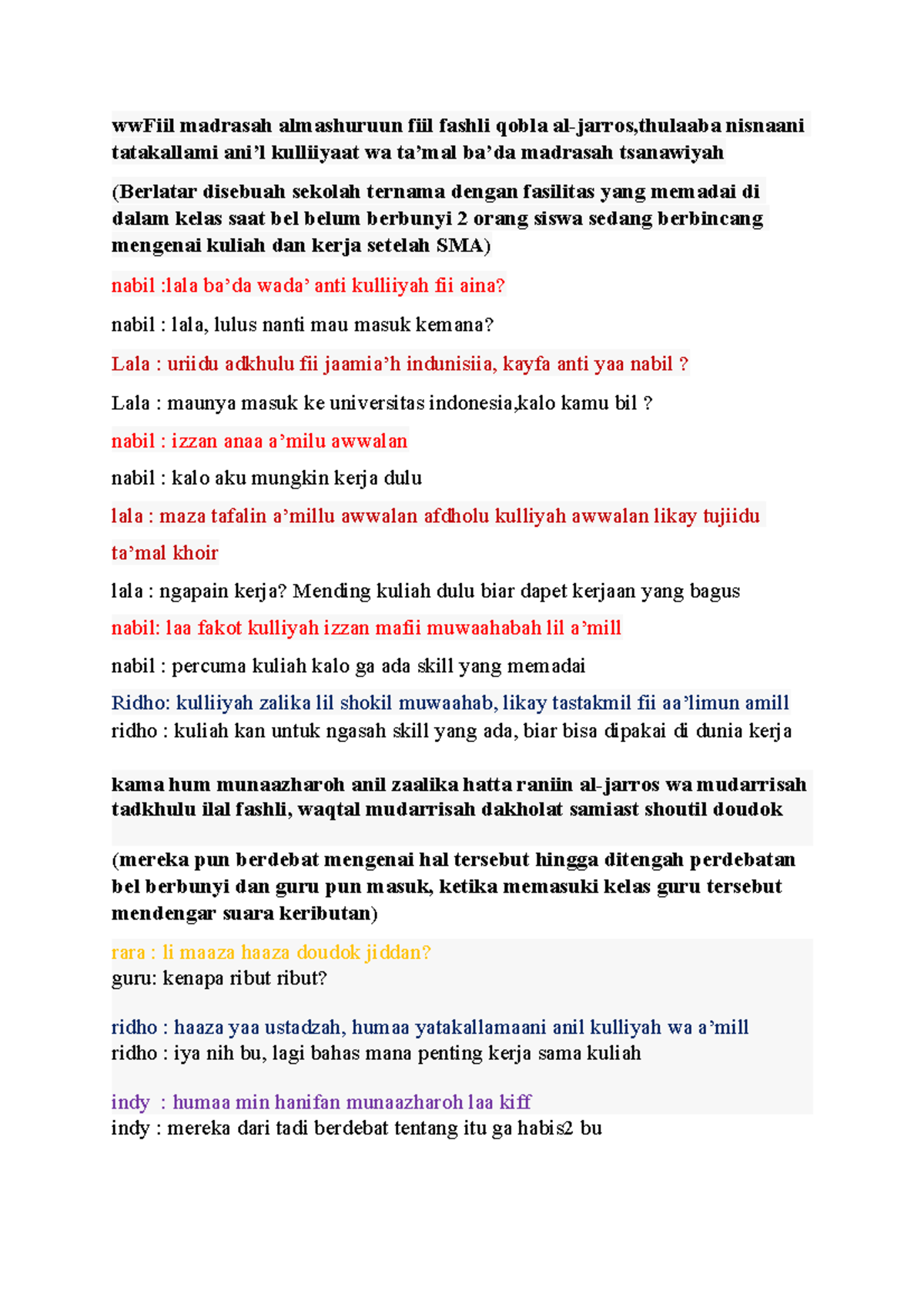 Teks Drama: Perdebatan Pentingnya Kuliah dan Pekerjaan di Kelas B Arab ...
