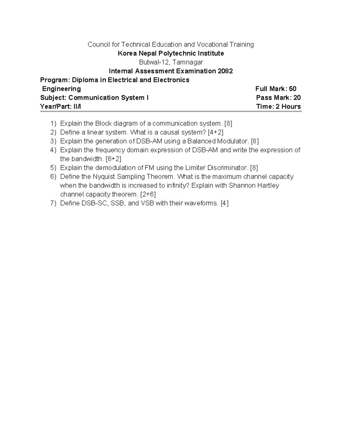 Communication System I (EEX) Internal Assessment Exam 2082 - Studocu