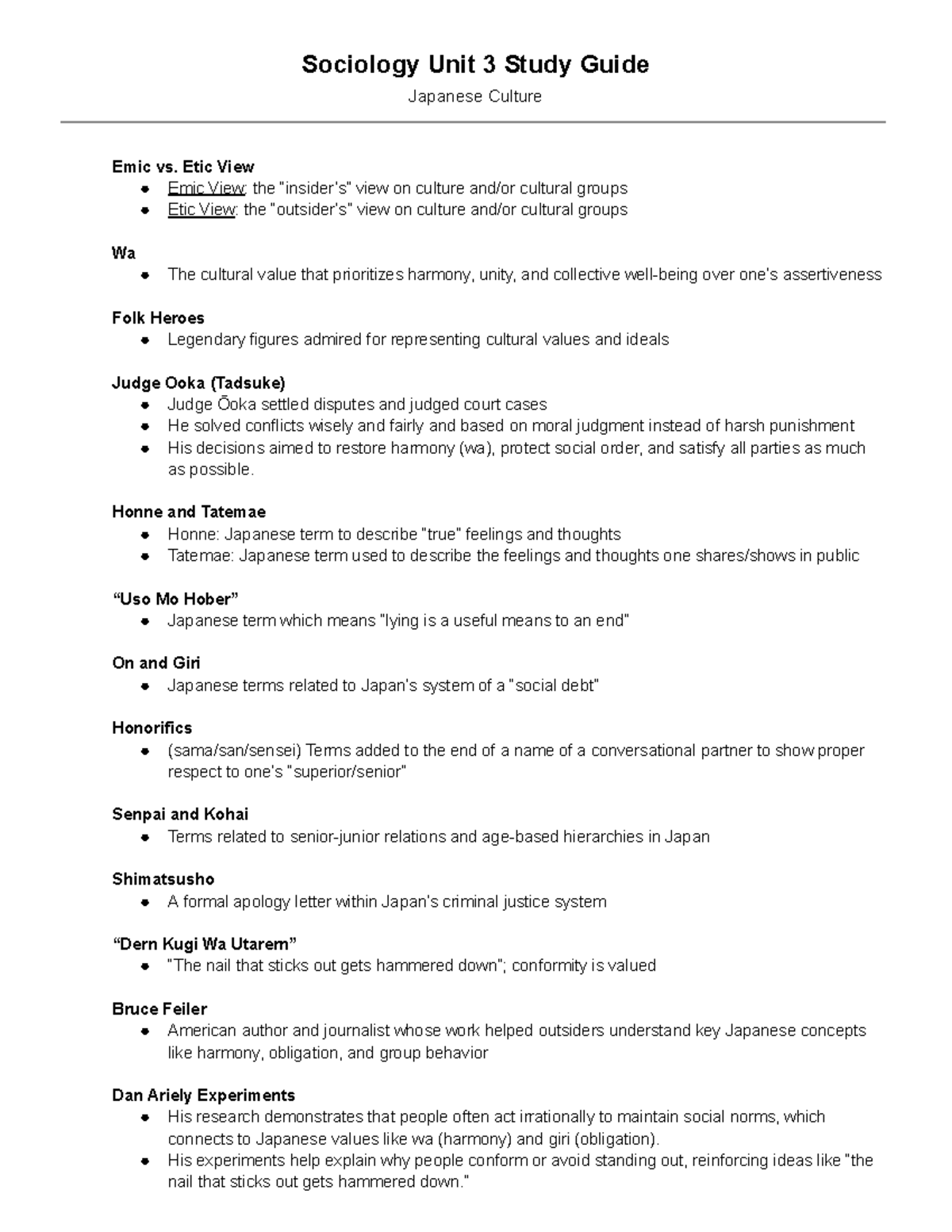 Sociology Unit 3 Study Guide: Emic vs. Etic in Japanese Culture - Studocu