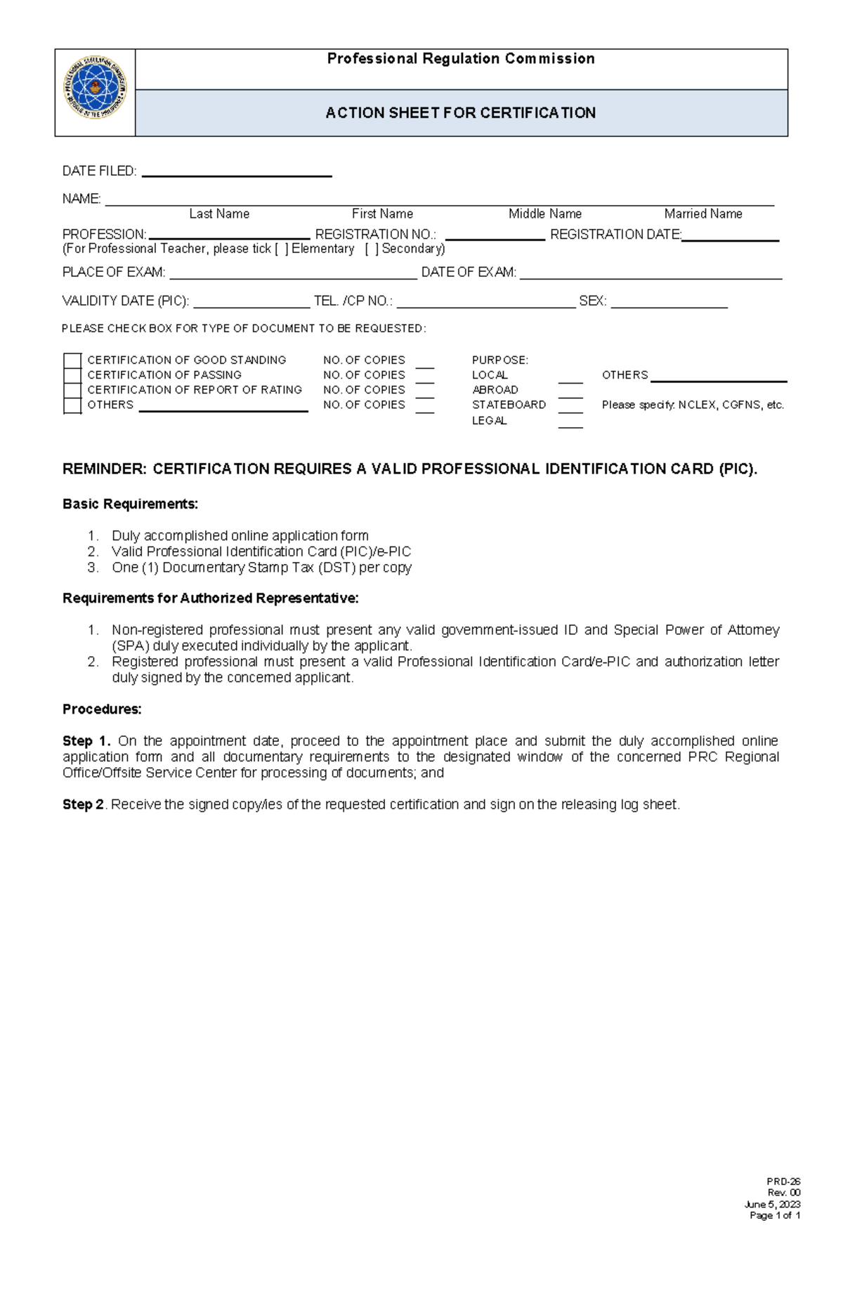 PRD-26 Action Sheet for Certification - Professional Regulation Guide ...