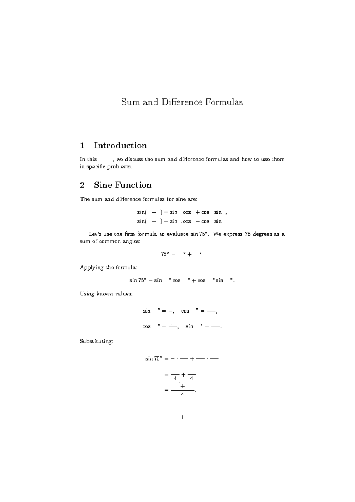Sum and Difference Formulas: Sine and Cosine Functions - Studocu