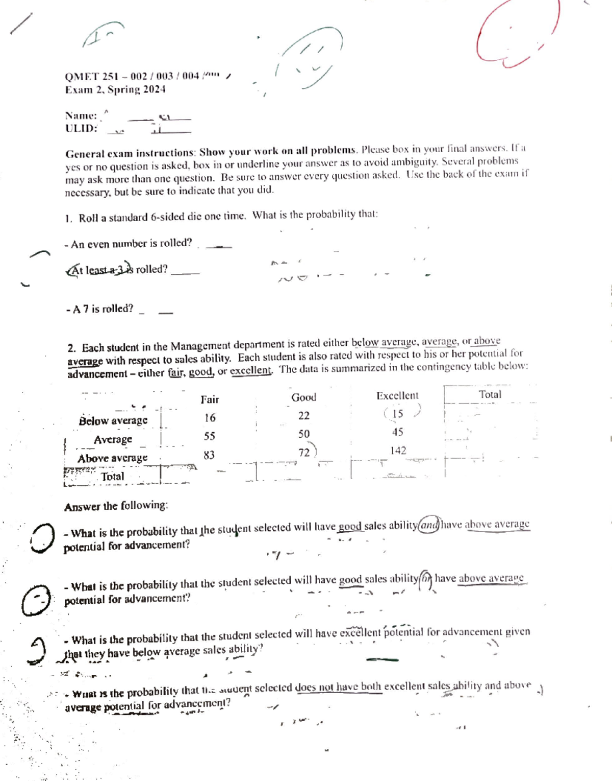 QMET251 Exam 2 - Probability Questions & Instructions Spring 2024 - Studocu