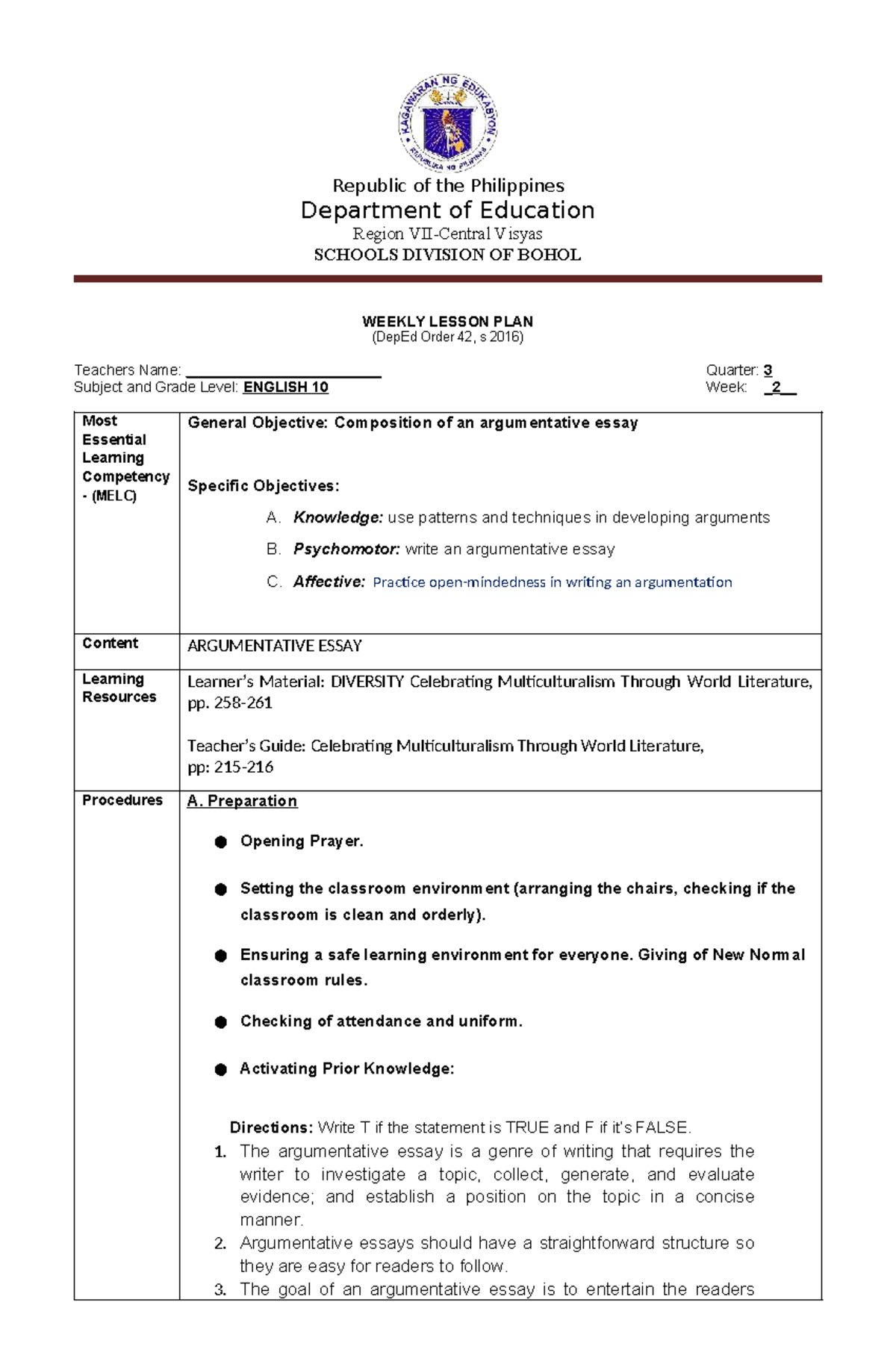 Bohol English 10 Q3 Weekly Lesson Plan: Argumentative Essay Focus - Studocu