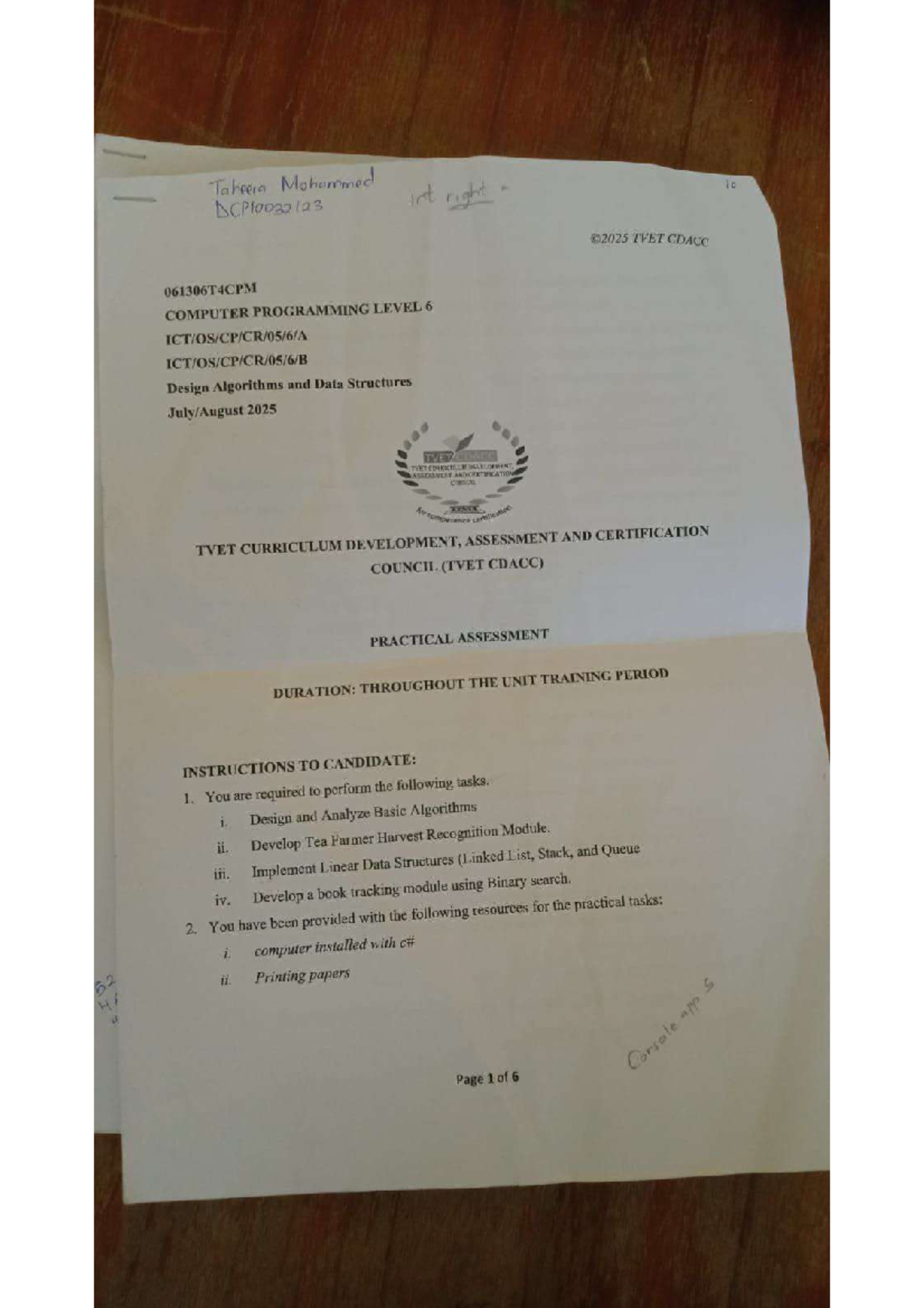 DCP10032123 Final Exam: Design Algorithms & Data Structures for TVET ...