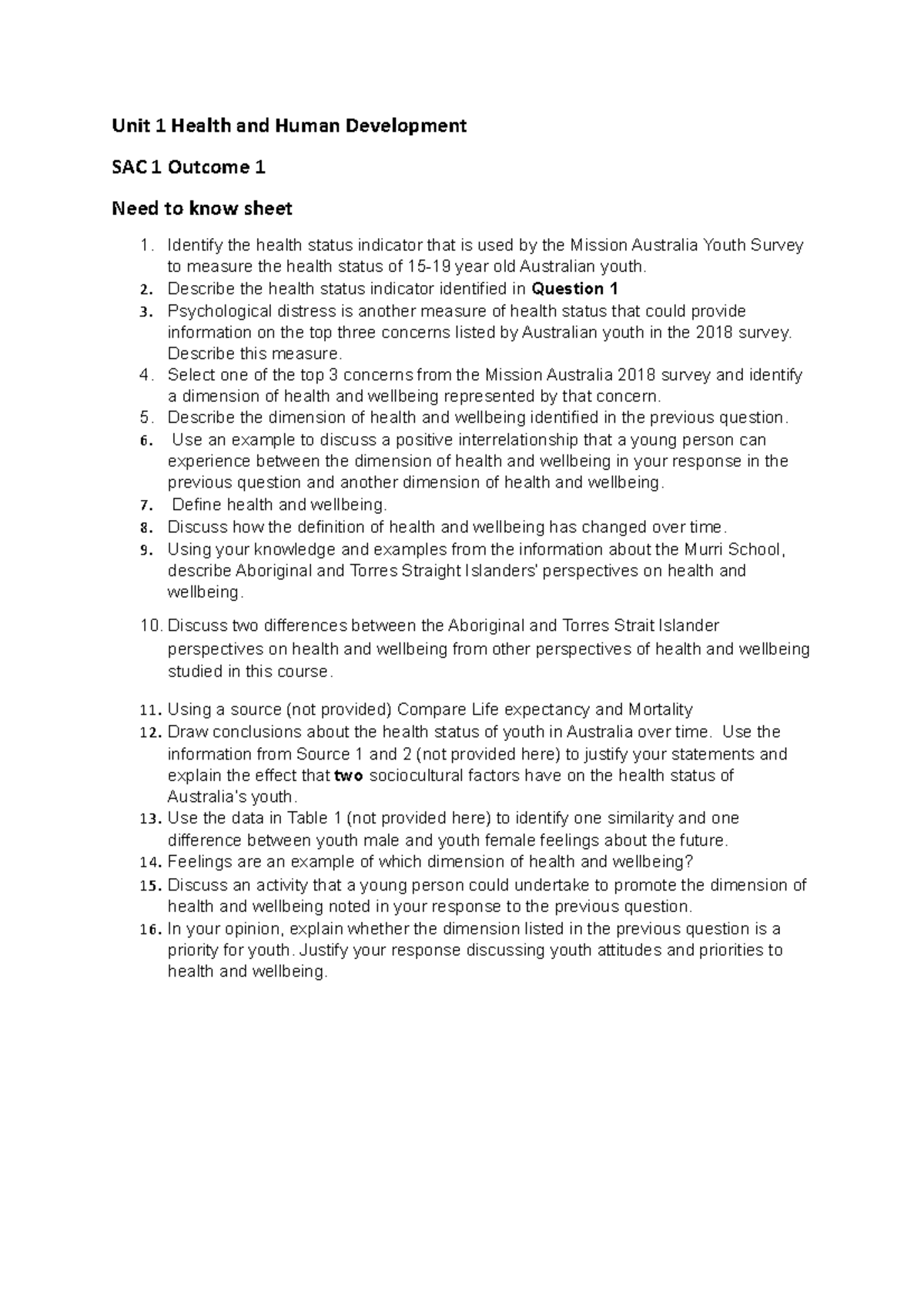 Health SAC 1 (Questions) - Unit 1 Health and Human Development SAC 1 ...