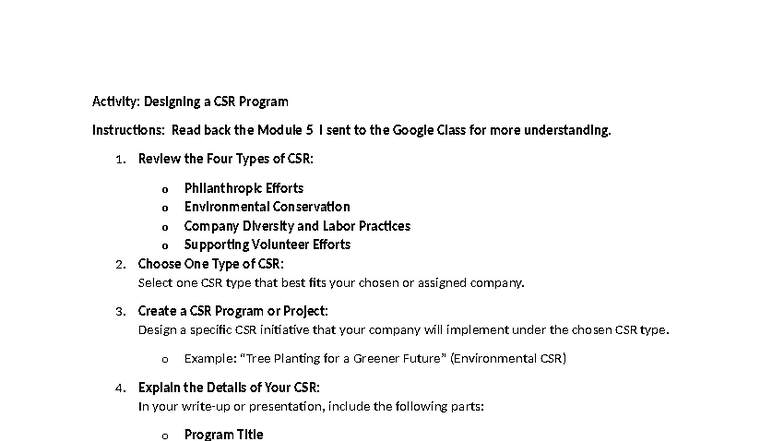 CSR Program Design Activity: Module 5 Instructions - Studocu
