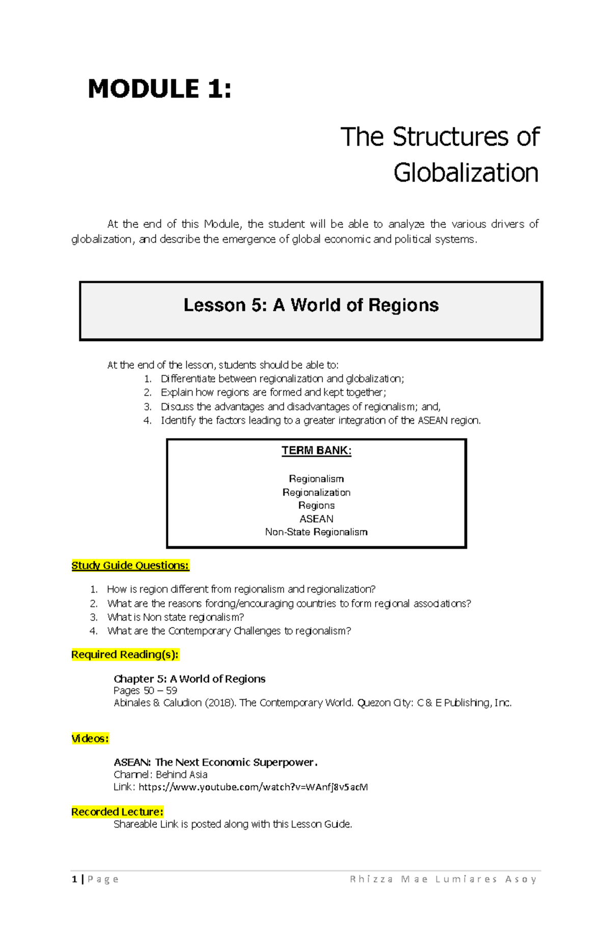 MODULE 1: Lesson 5 Summary on Globalization & Regionalism - Studocu