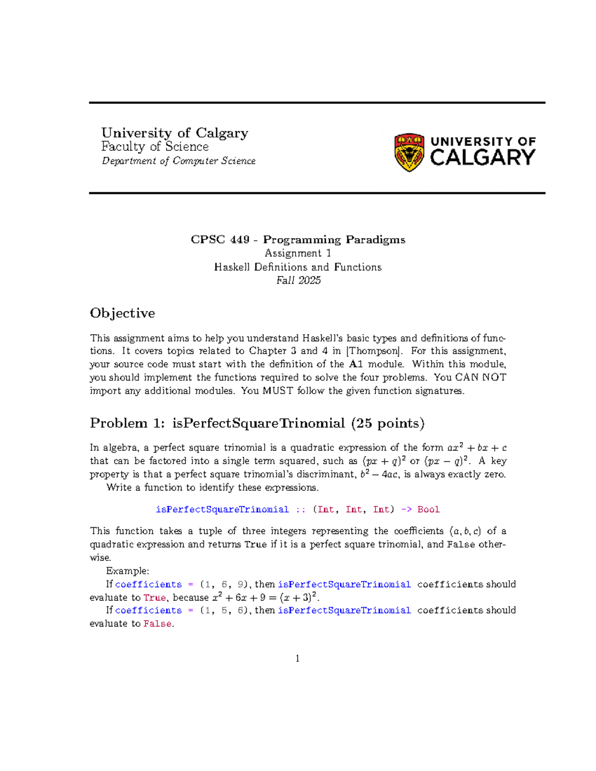 CPSC 449 Fall 2025 Assignment 1: Haskell Functions & Definitions - Studocu
