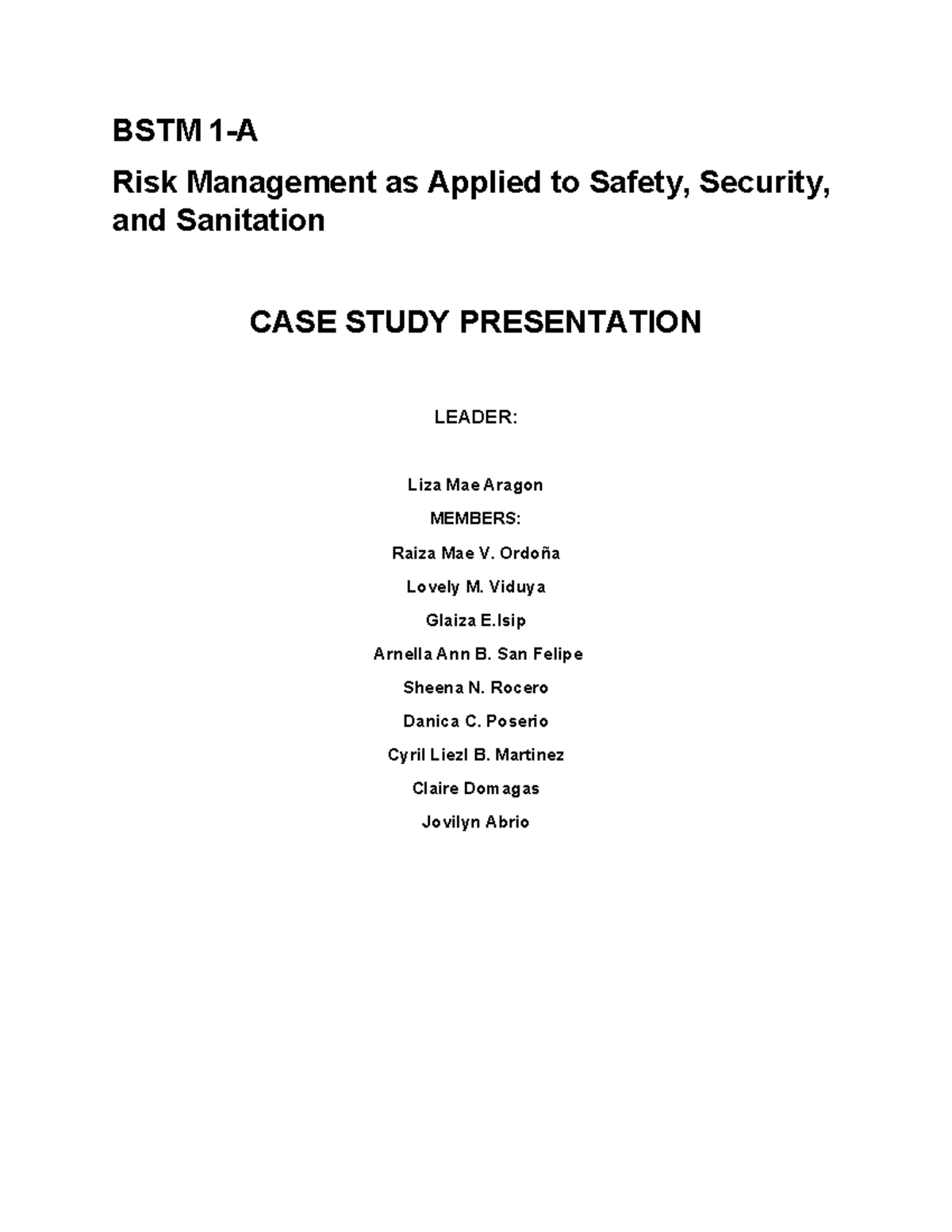 BSTM 1 - Case Study on Risk Management in Safety & Sanitation - Studocu