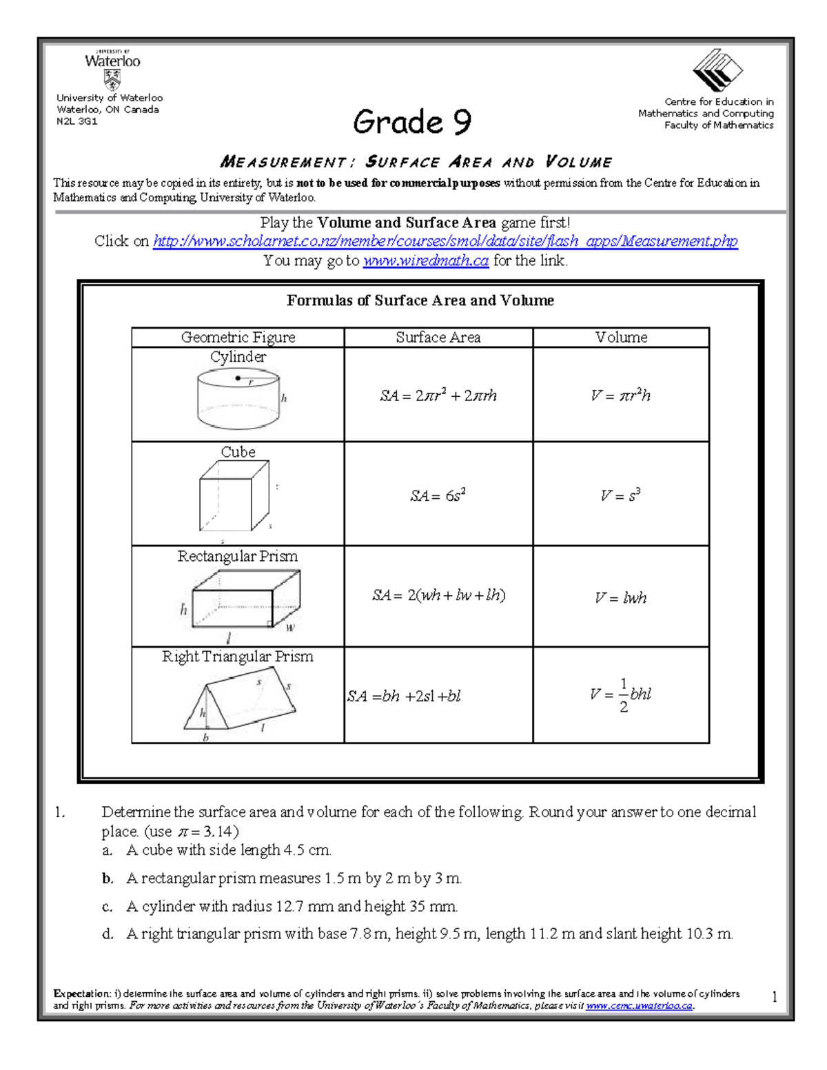 Grade 9 MEASUREMENT: Surface Area & Volume Worksheet - Studocu