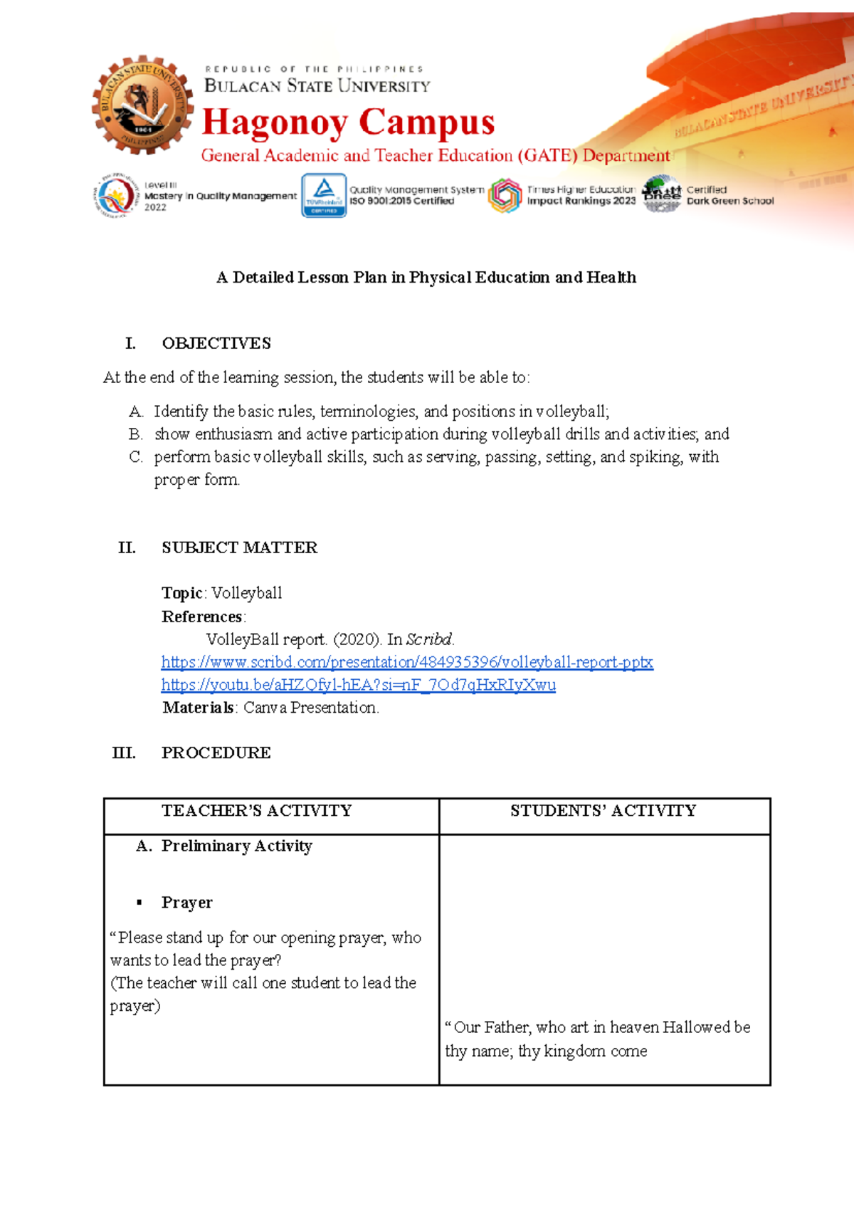 DLP - Detailed Lesson Plan on Volleyball for PE and Health - Studocu