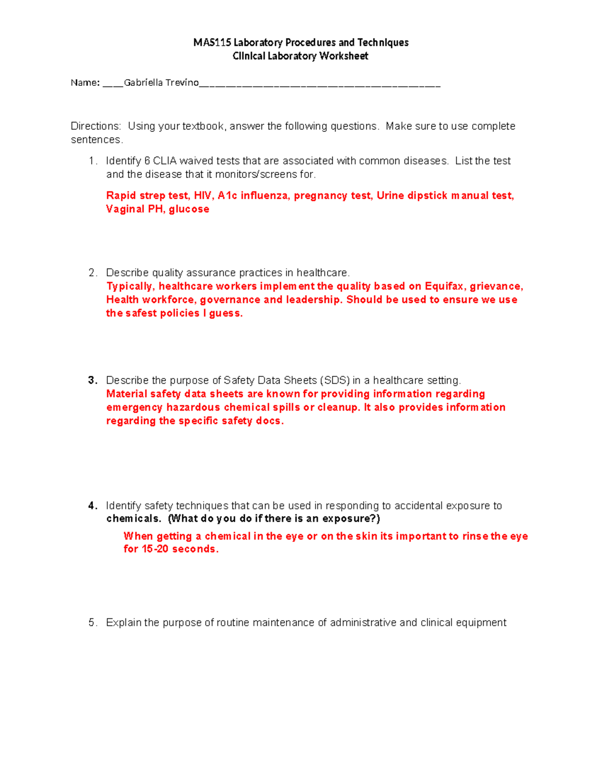 MAS115 Week 2 Clinical Lab Worksheet - MAS115 Laboratory Procedures and ...