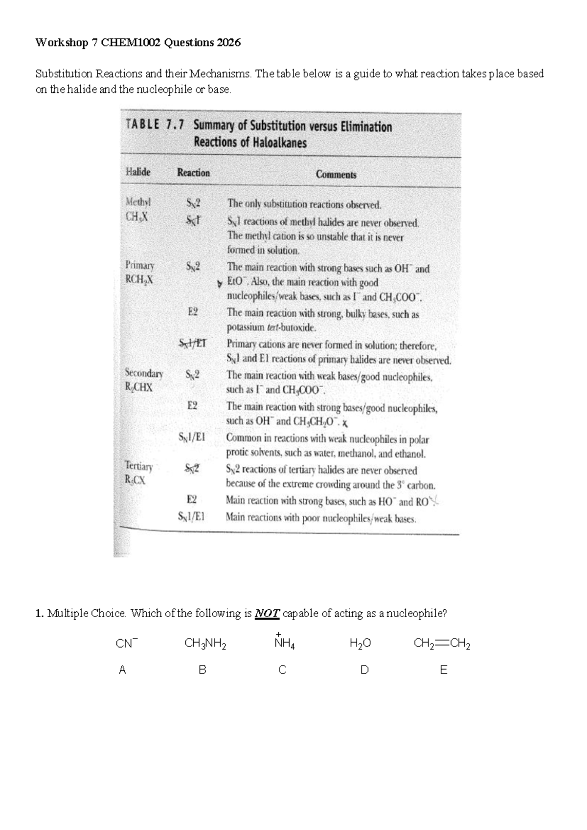 CHEM1002 2026 Workshop 7: Substitution Reactions & Mechanisms - Studocu