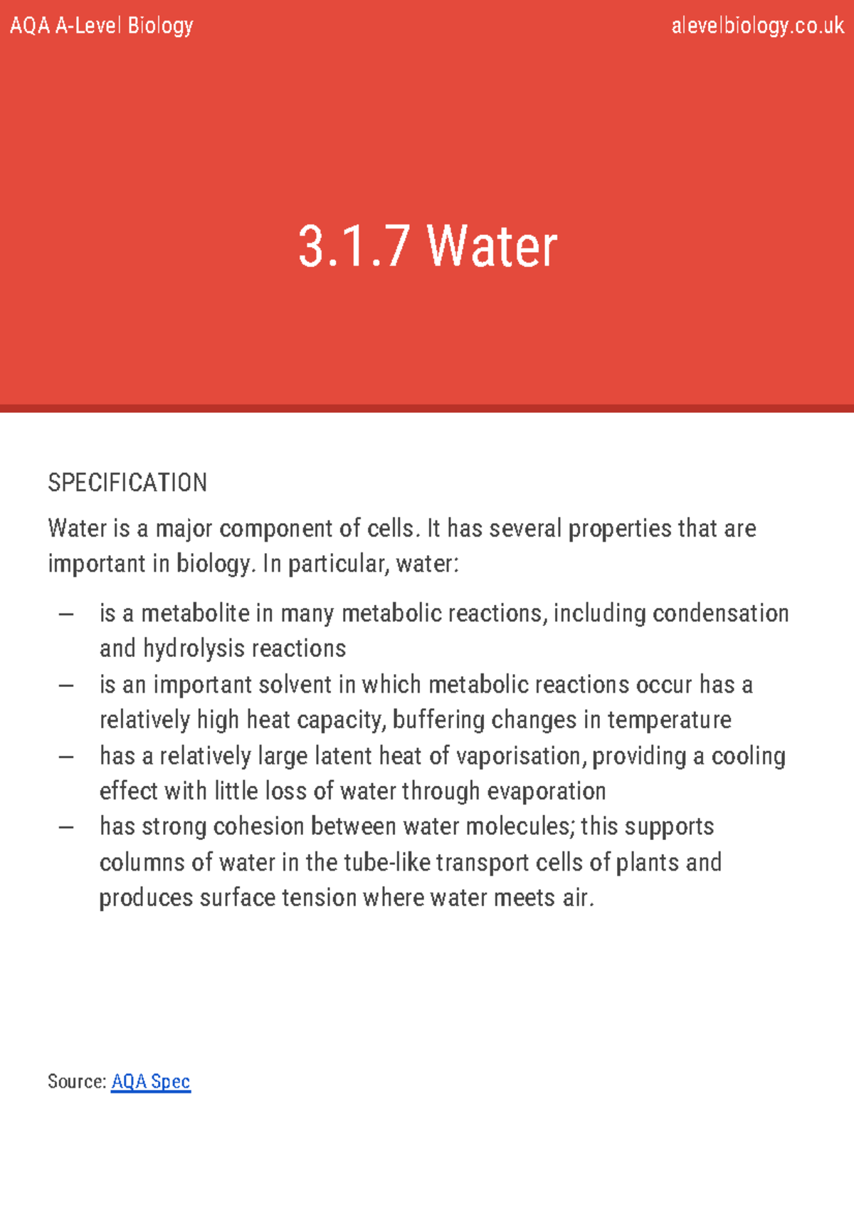 AQA Biology A-Level: 3.1.7 Water Properties and Importance - Studocu