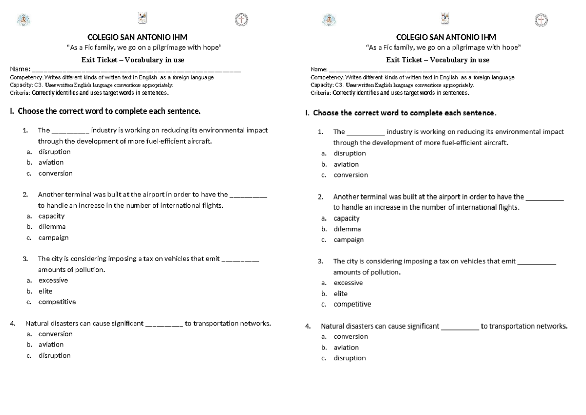 EXIT Ticket Vocabulary Exercise - 5TH YEAR - Studocu