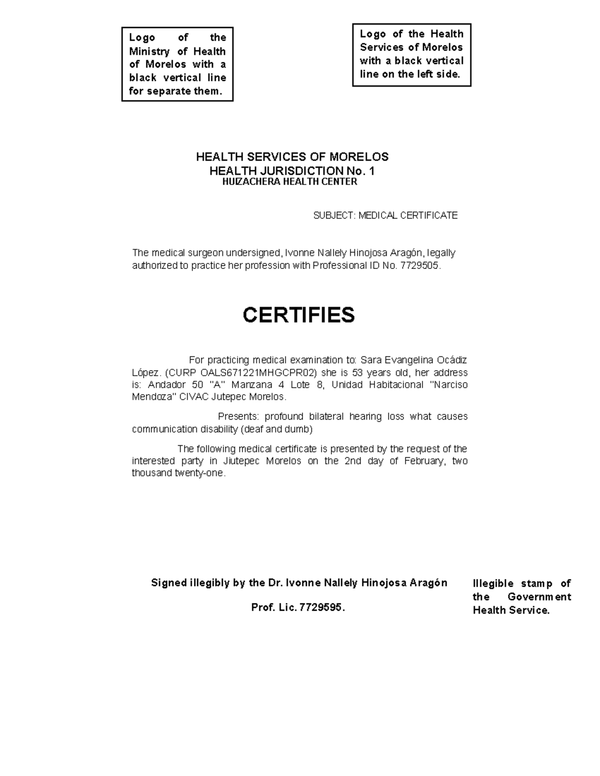 Certificado Médico - Salud Servicios Morelos - HUIZACHERA - Studocu