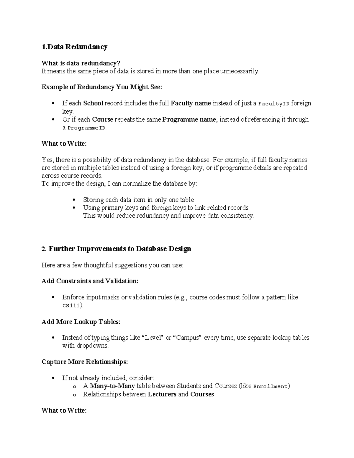 Data Redundancy & Database Design Improvements - Task 2 - Studocu