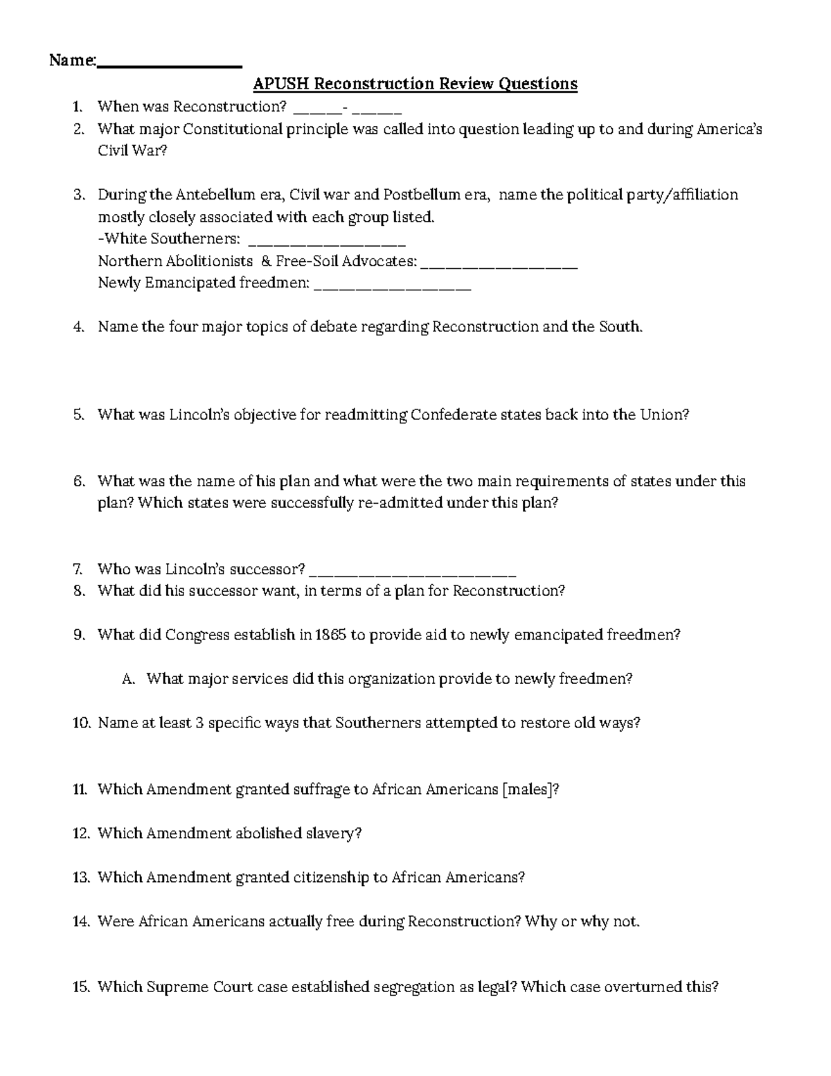 Apush Reconstruction Review Questions 2024 - Name ...