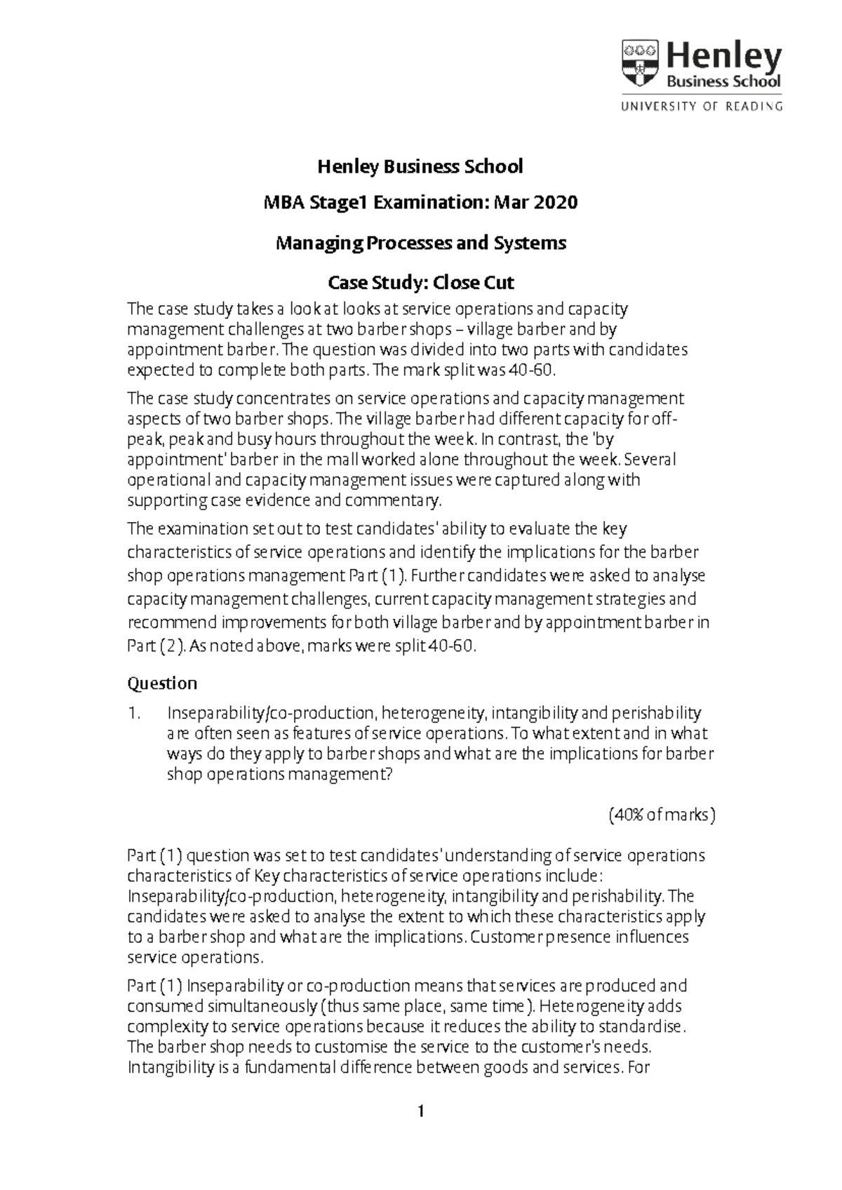 Mar 2020 MBA Managing Processes & Systems Case Study Report - Studocu