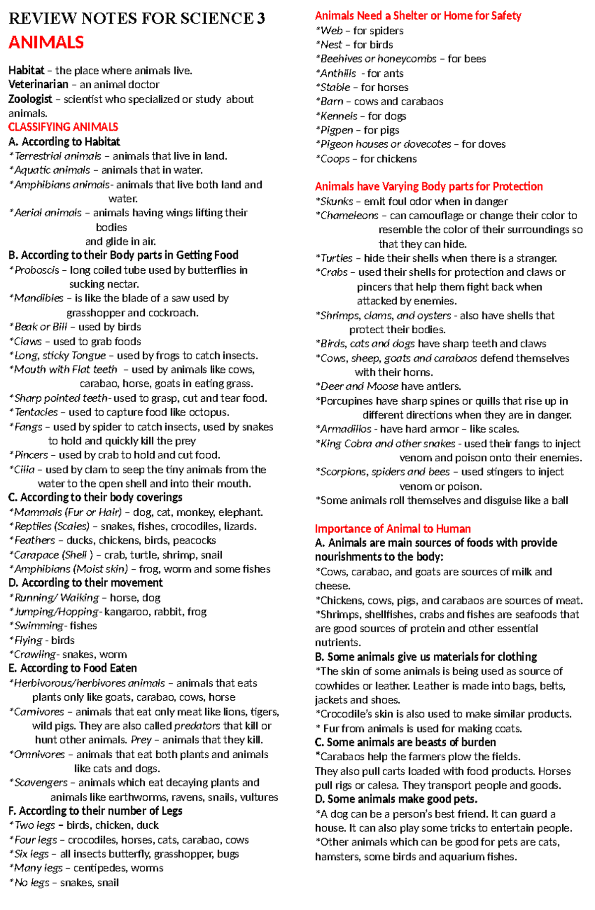 Animals Review Notes FOR Grade 3 Science QUIZ - REVIEW NOTES FOR ...