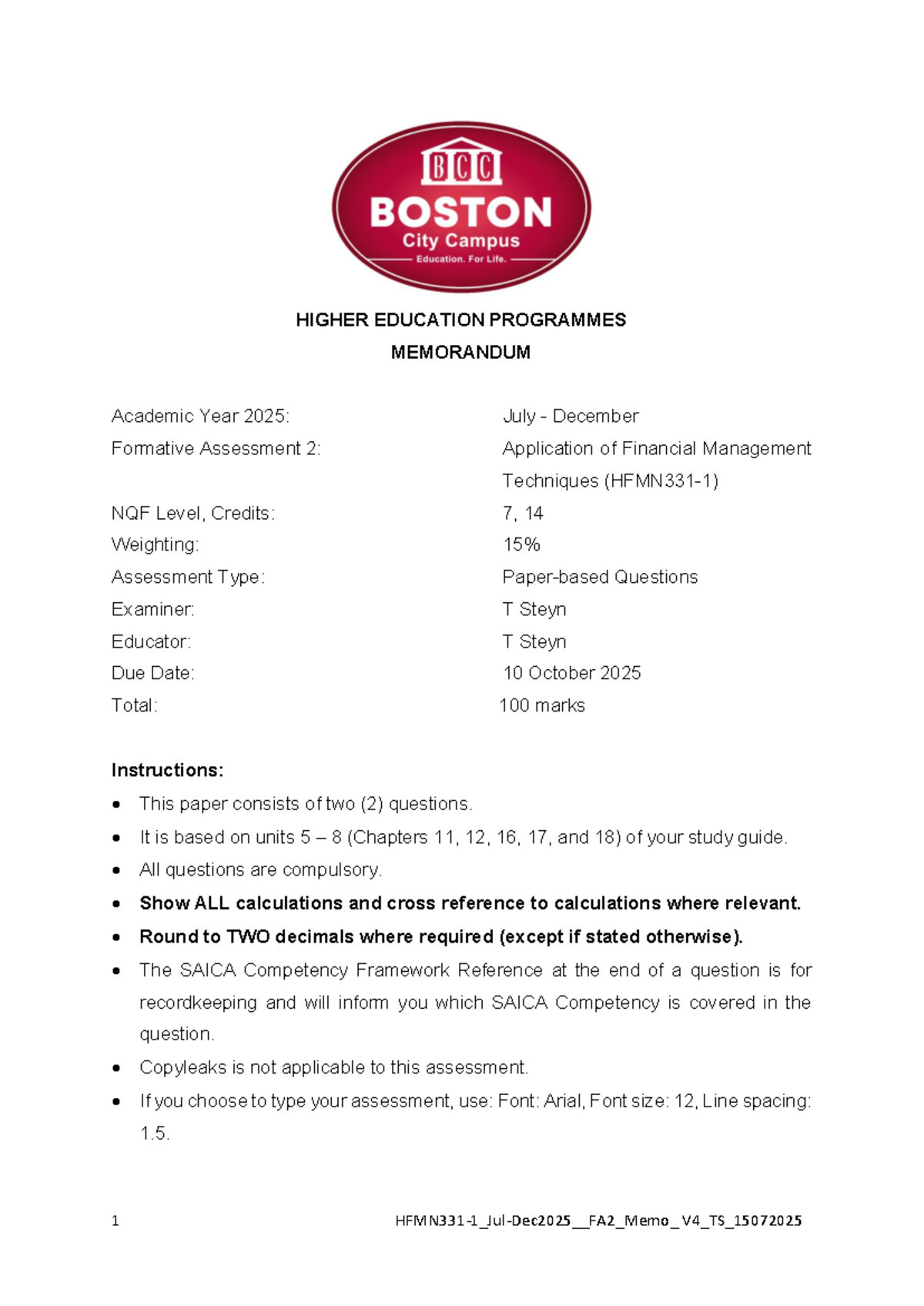 HFMN331-1 Jul-Dec 2025 Formative Assessment 2 Memo: Financial ...