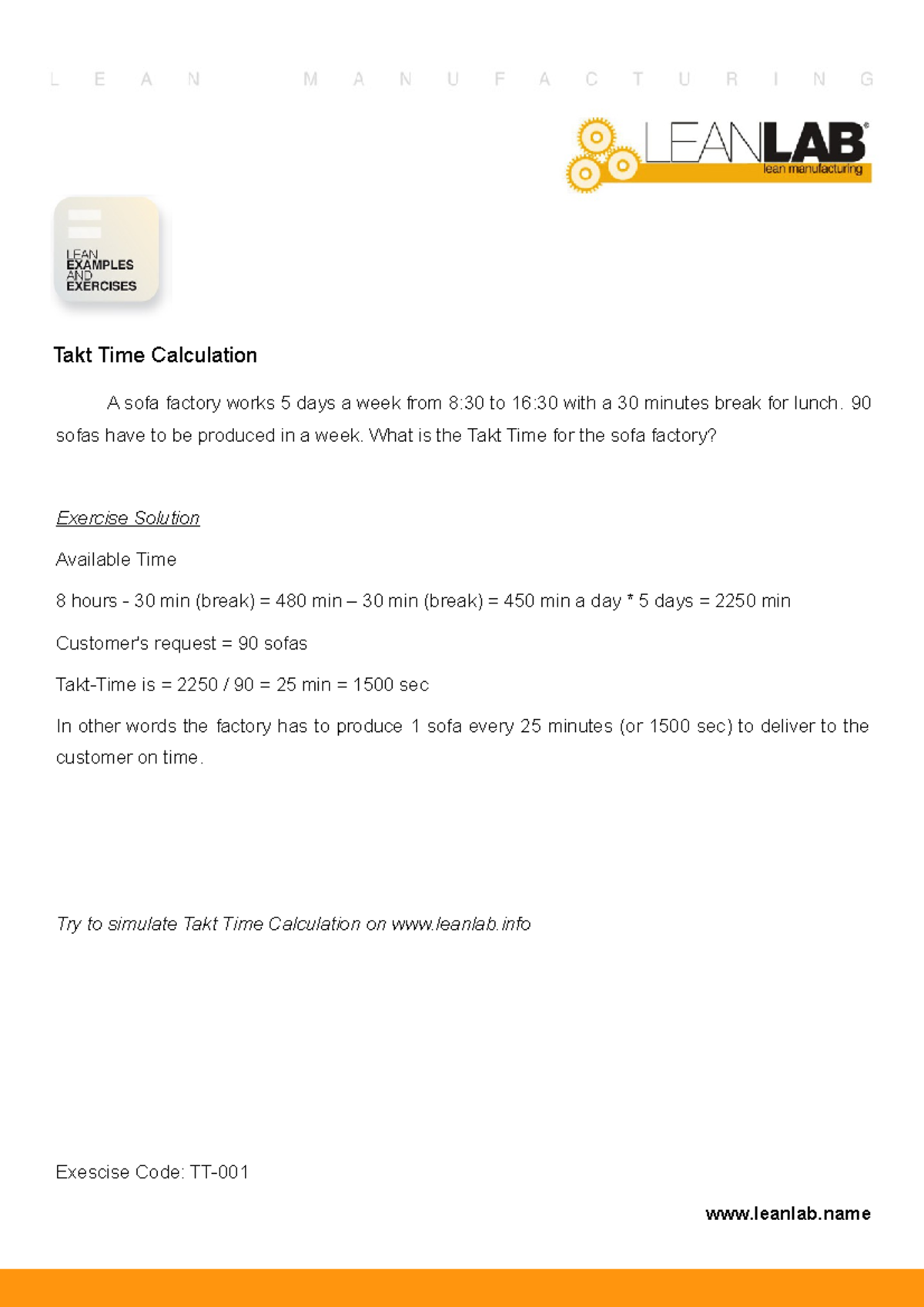 10 Takt Time Calculation Solved Exercises - A sofa factory works 5 days ...