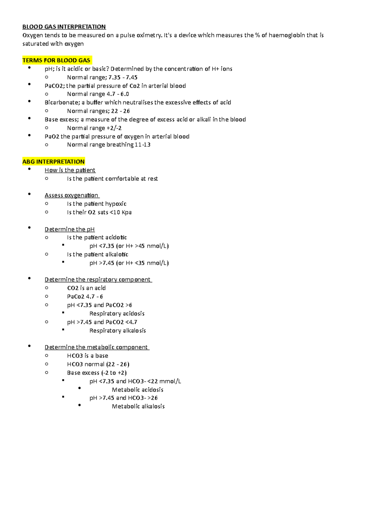 Blood GAS Interpretation - BLOOD GAS INTERPRETATION Oxygen tends to be ...
