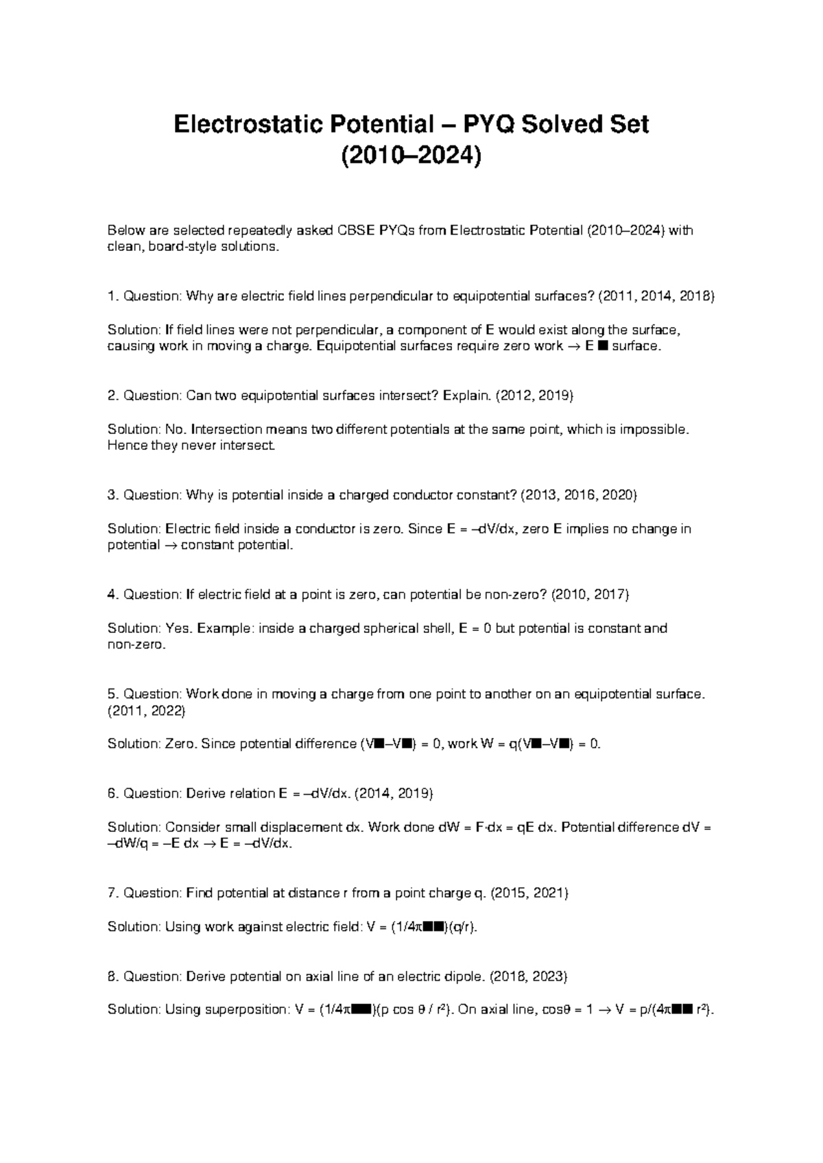 Electrostatic Potential PYQ Solved Set 2010-2024 - Studocu