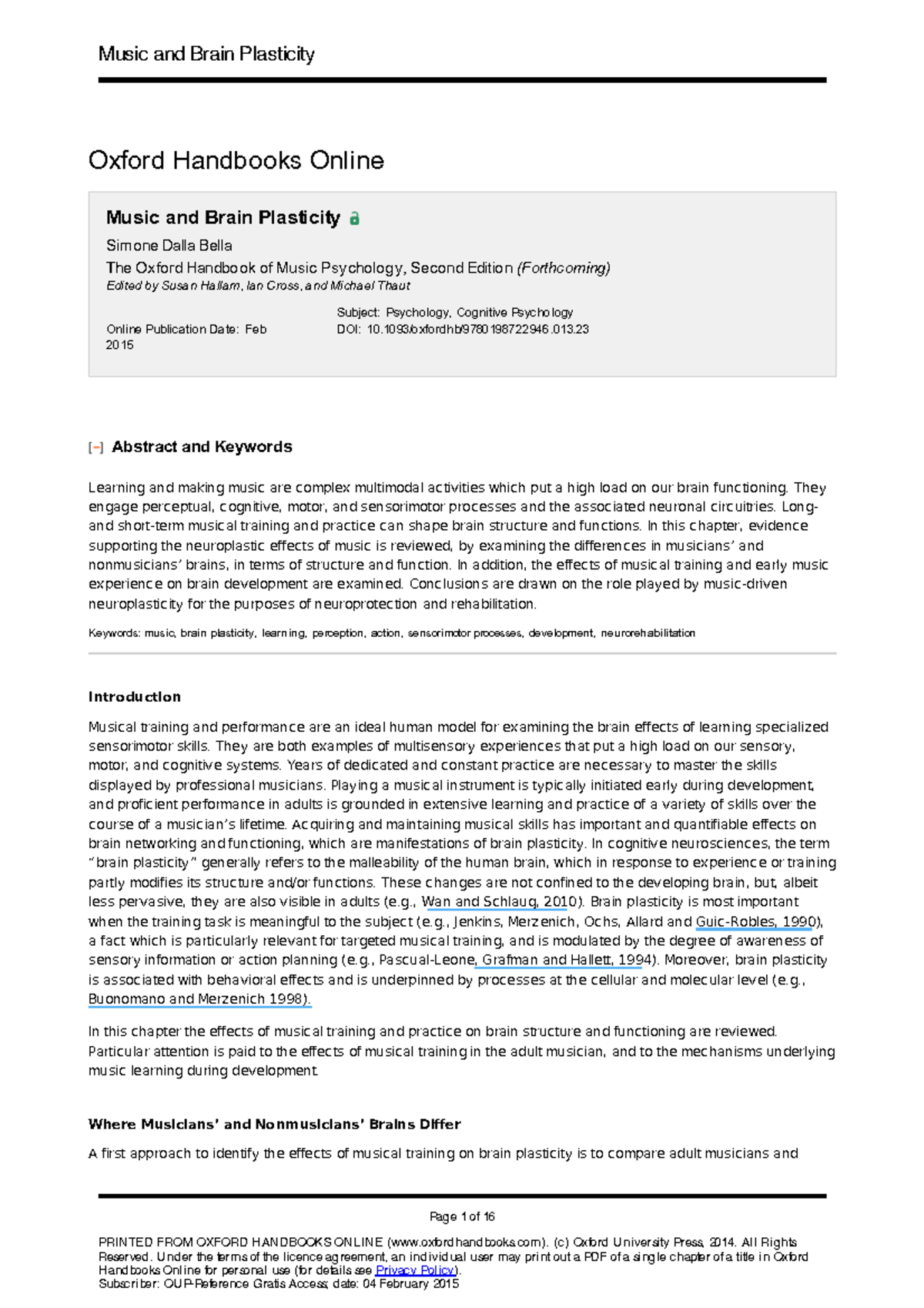 Music and Brain Plasticity: Insights from Cognitive Psychology (Bella ...