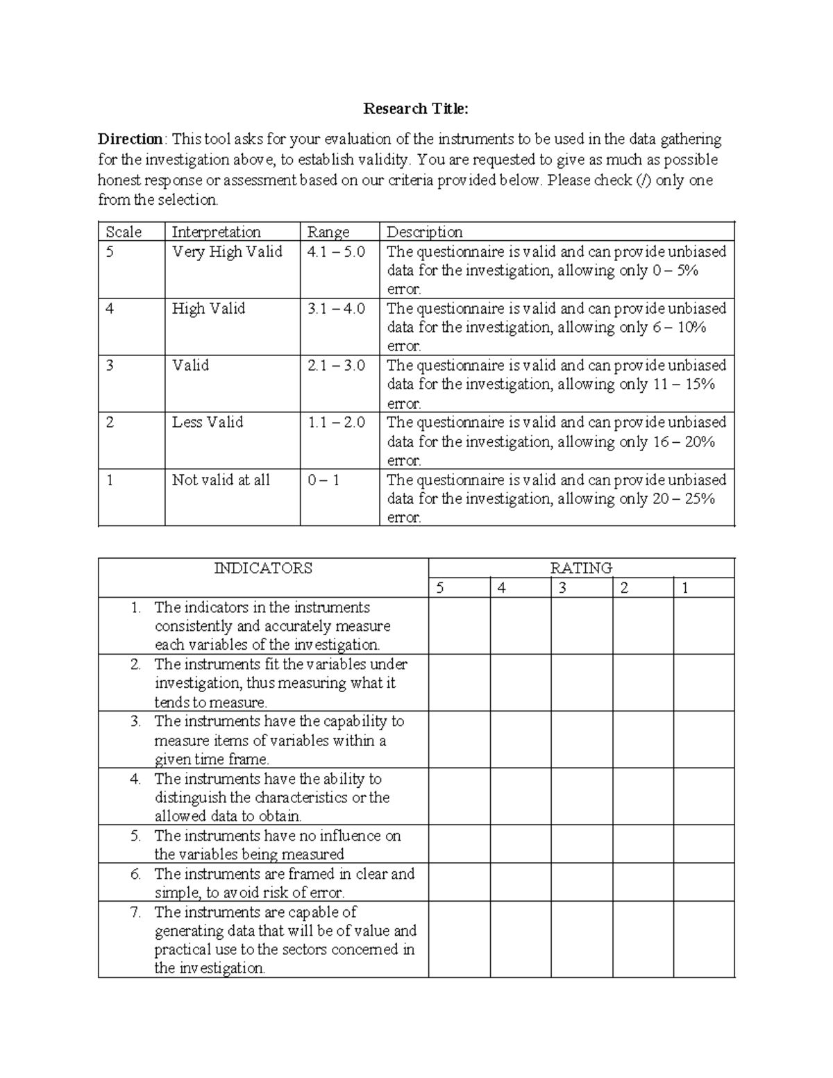Research Validation Form: Evaluating Data Gathering Instruments - Studocu
