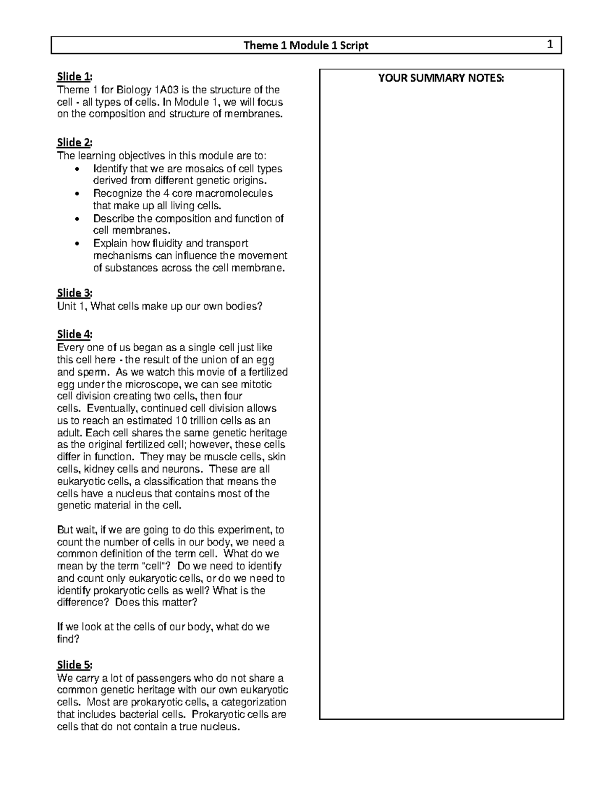 Biology 1A03: Theme 1 Module 1 - Cell Structure & Membrane Function ...