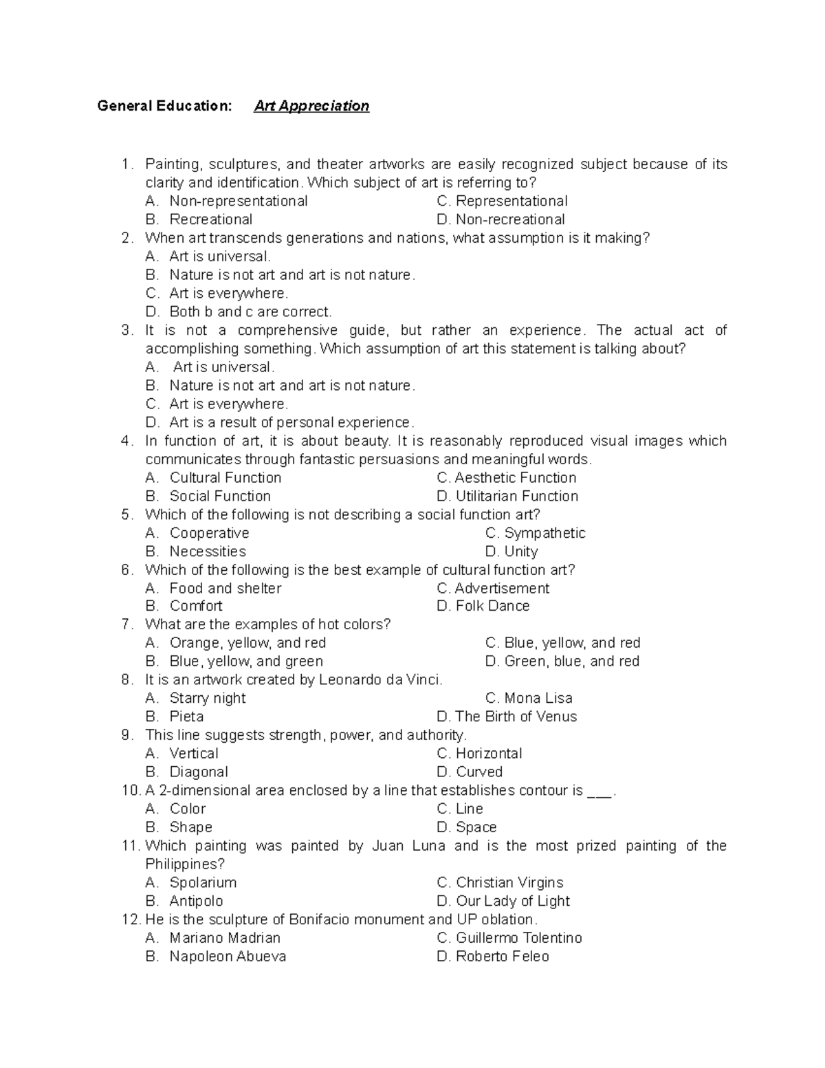 Art Appreciation Exam - GE 101: Questions and Answers Guide - Studocu