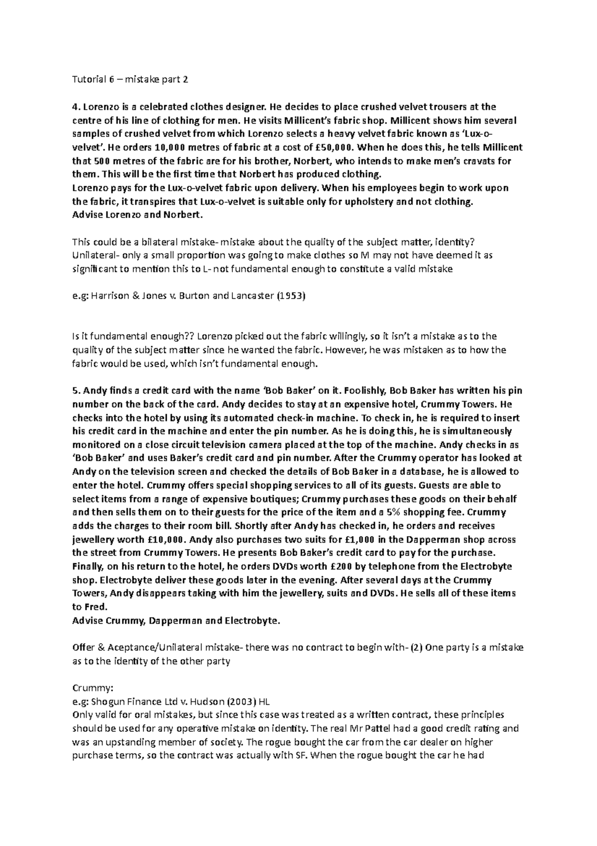 Contract I Tutorial 6 - Misrepresentation and Mistake Analysis - Studocu