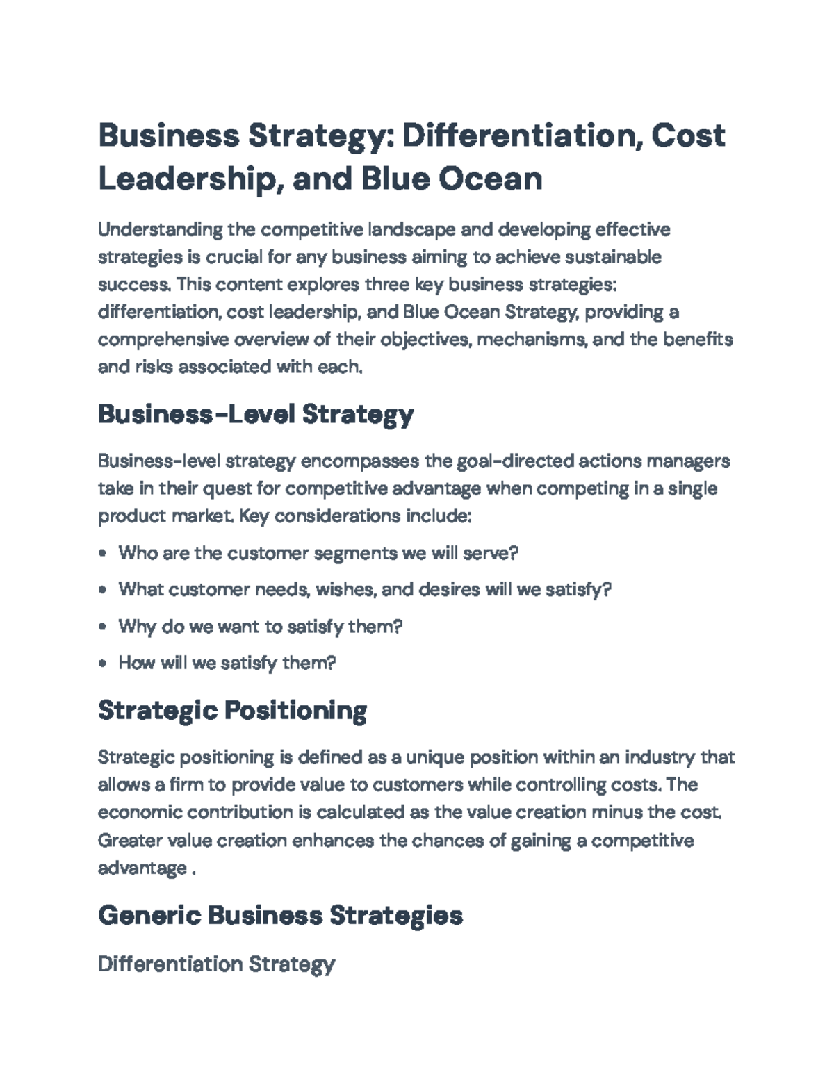 Business Strategy Overview: Differentiation, Cost Leadership & Blue ...