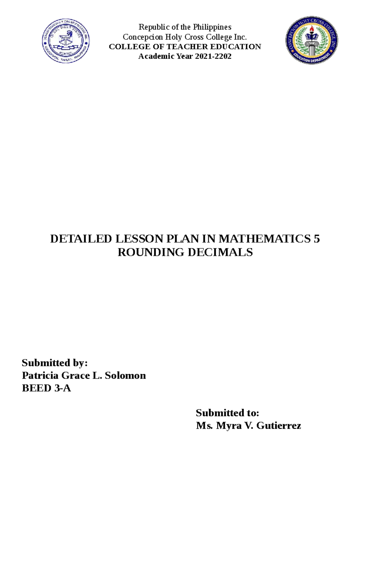 Detailed Lesson Plan in Mathematics 5: Rounding Decimals - Studocu