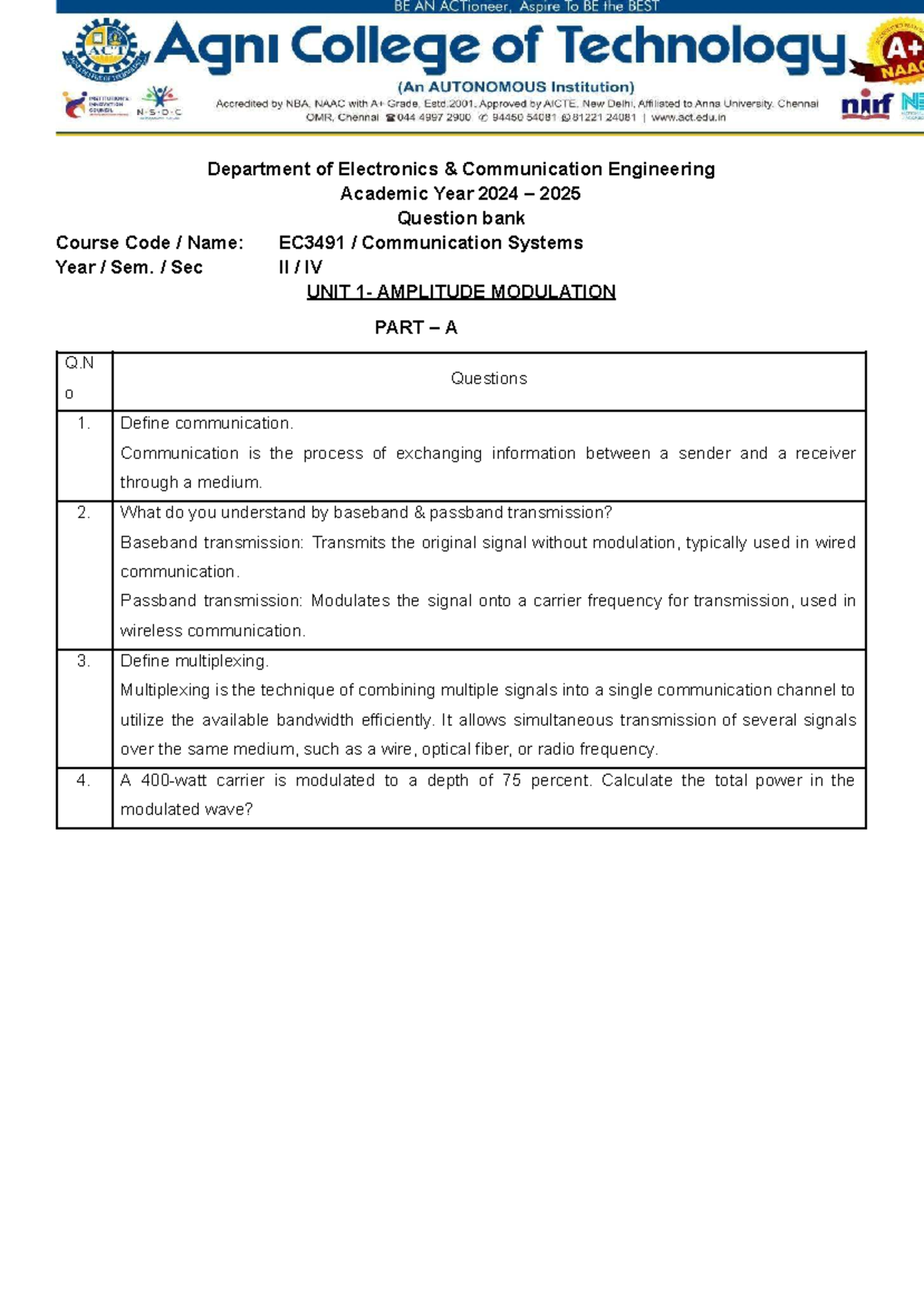 EC3491 Communication Sem II IV Question Bank on Amplitude Modulation ...