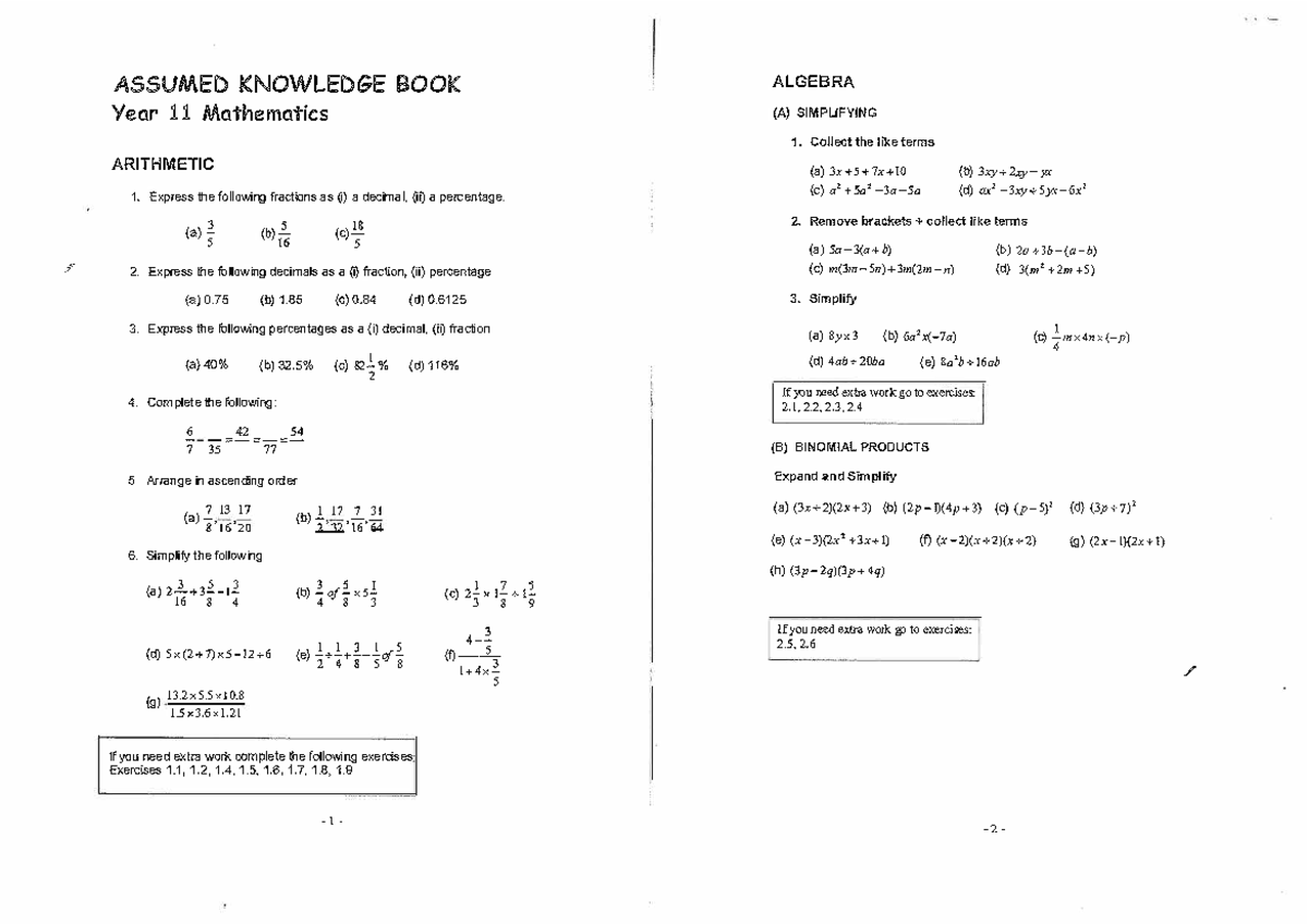 Assumed Knowledge Book - f ASSUMED KNOWLEDGE BOOK Year 11 Mathematics ...