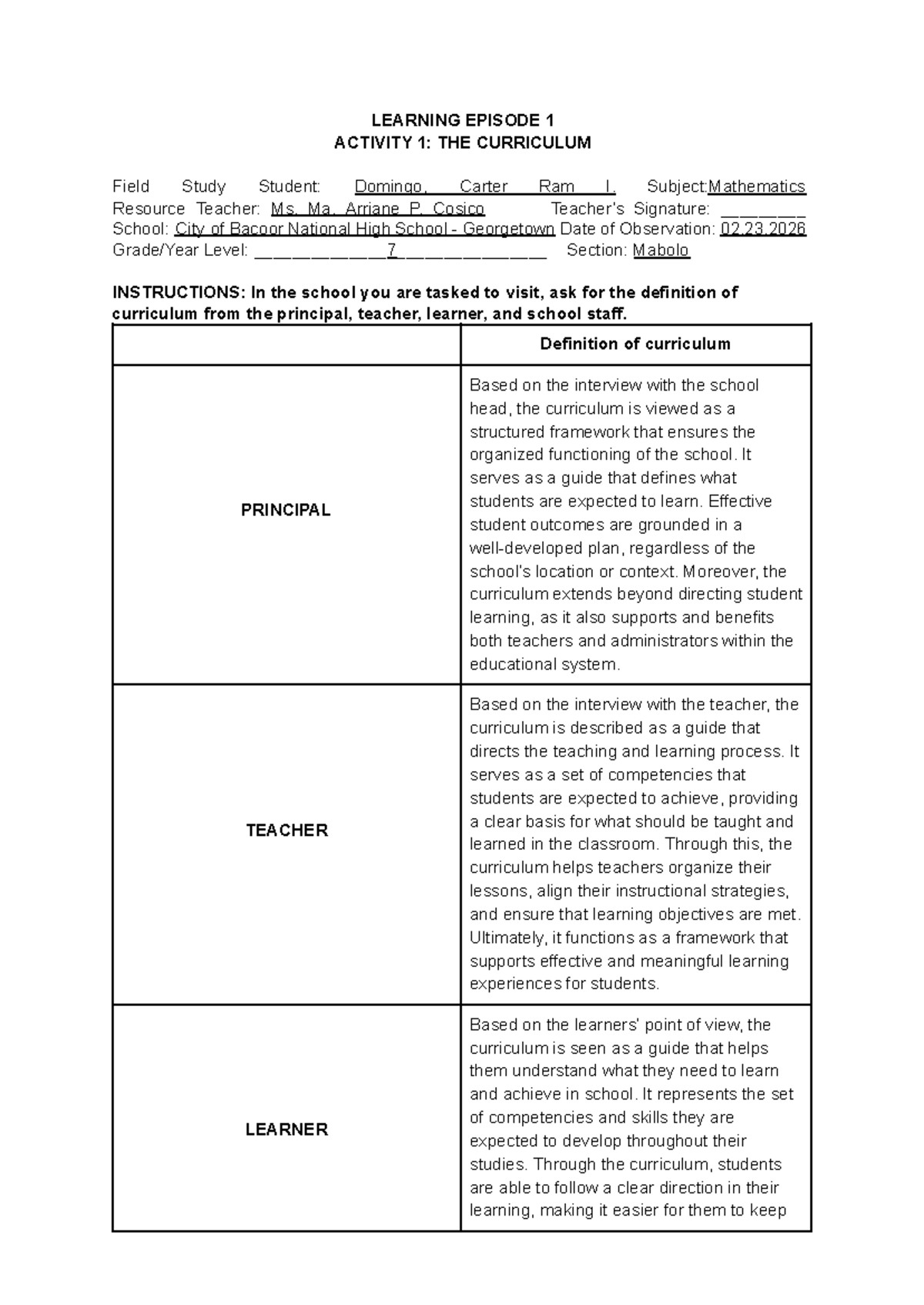 EDFS 22 LEp 1: Understanding Curriculum Through Field Study Insights ...
