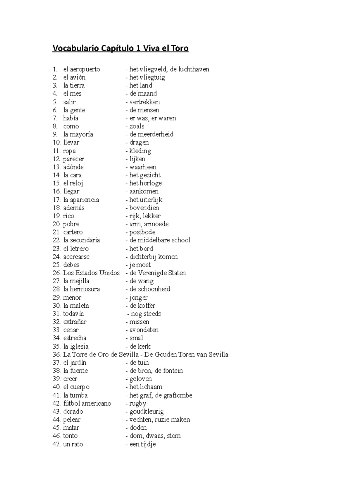 Vocabulario Capítulo 1: Palabras de "Viva el Toro" - Studeersnel