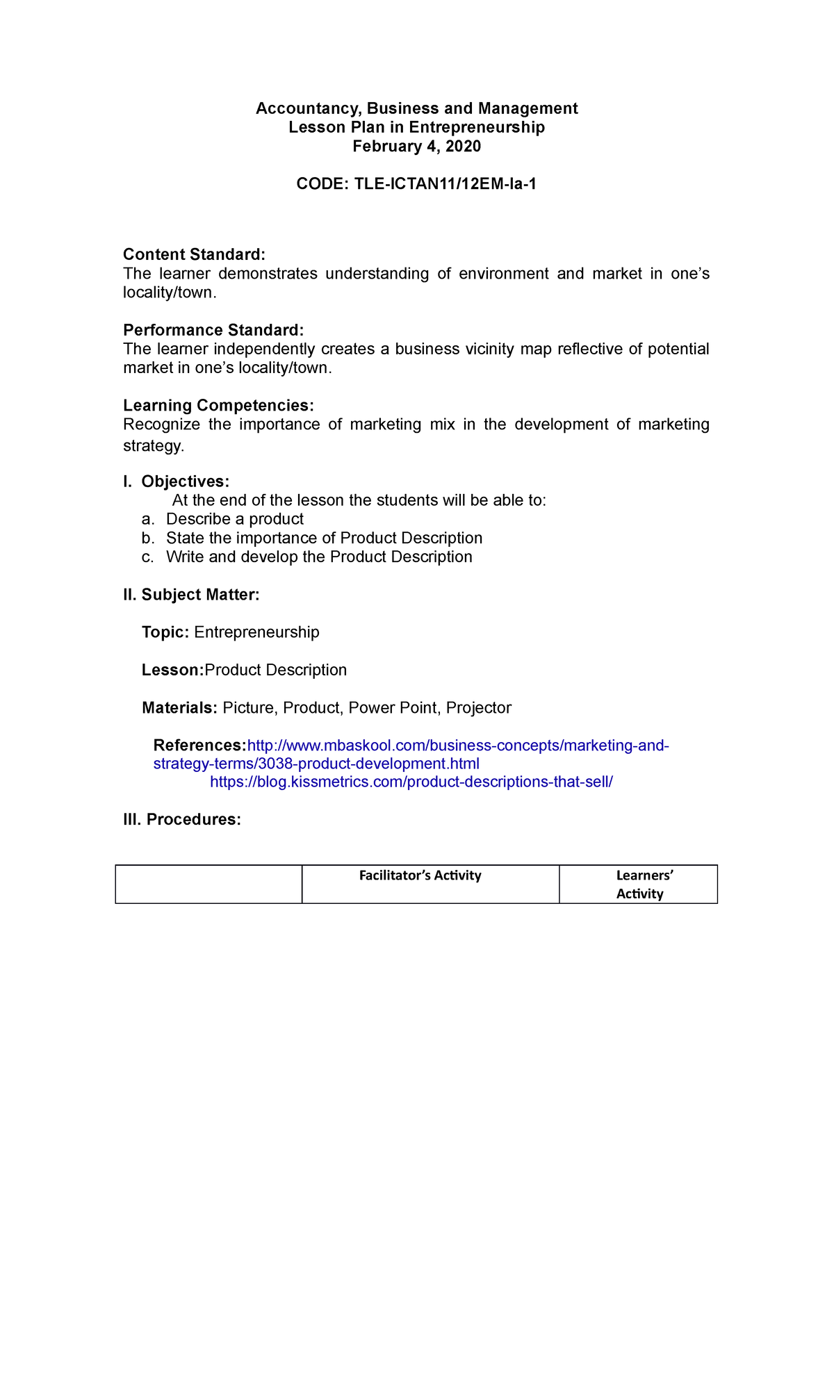 Lesson plan entrep - Product description - Accountancy, Business and ...