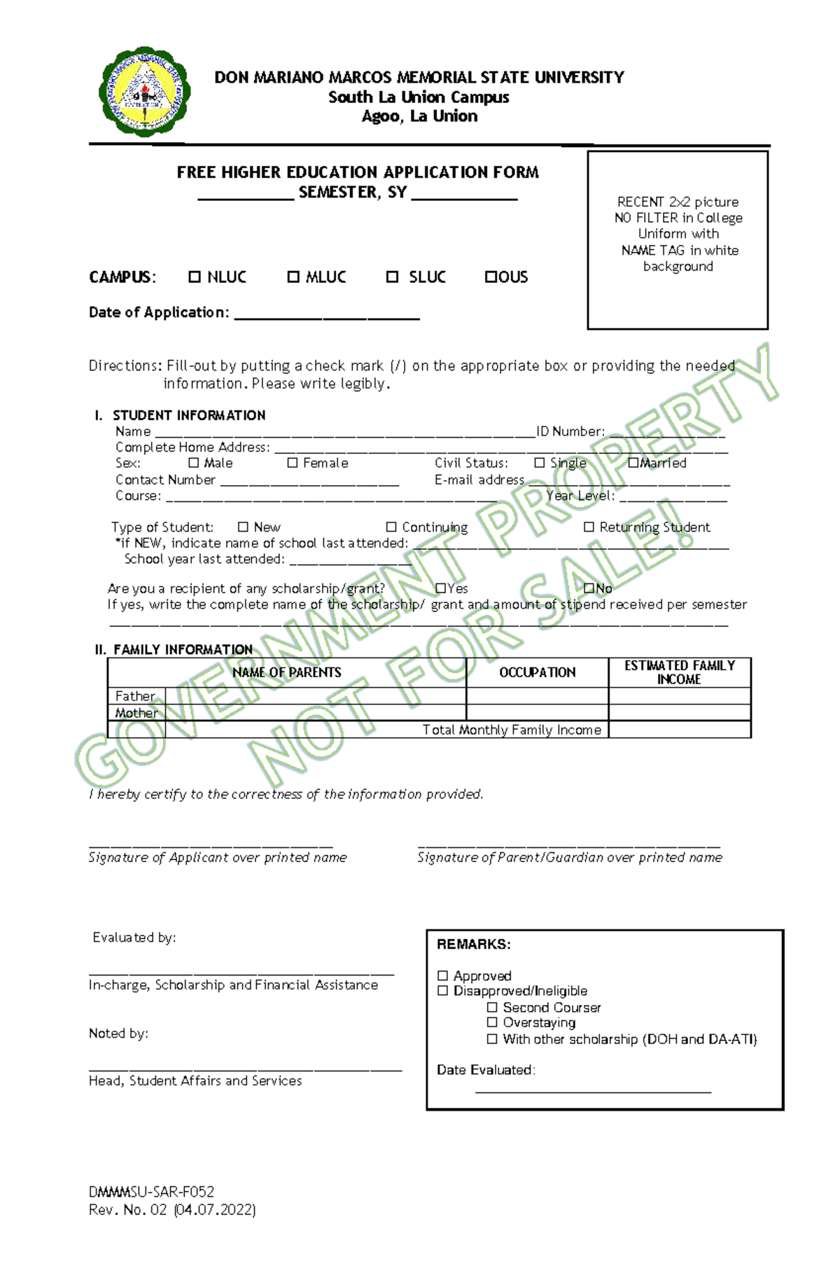 FREE HIGHER EDUCATION APPLICATION FORM - DON MARIANO MARCOS MEMORIAL ...