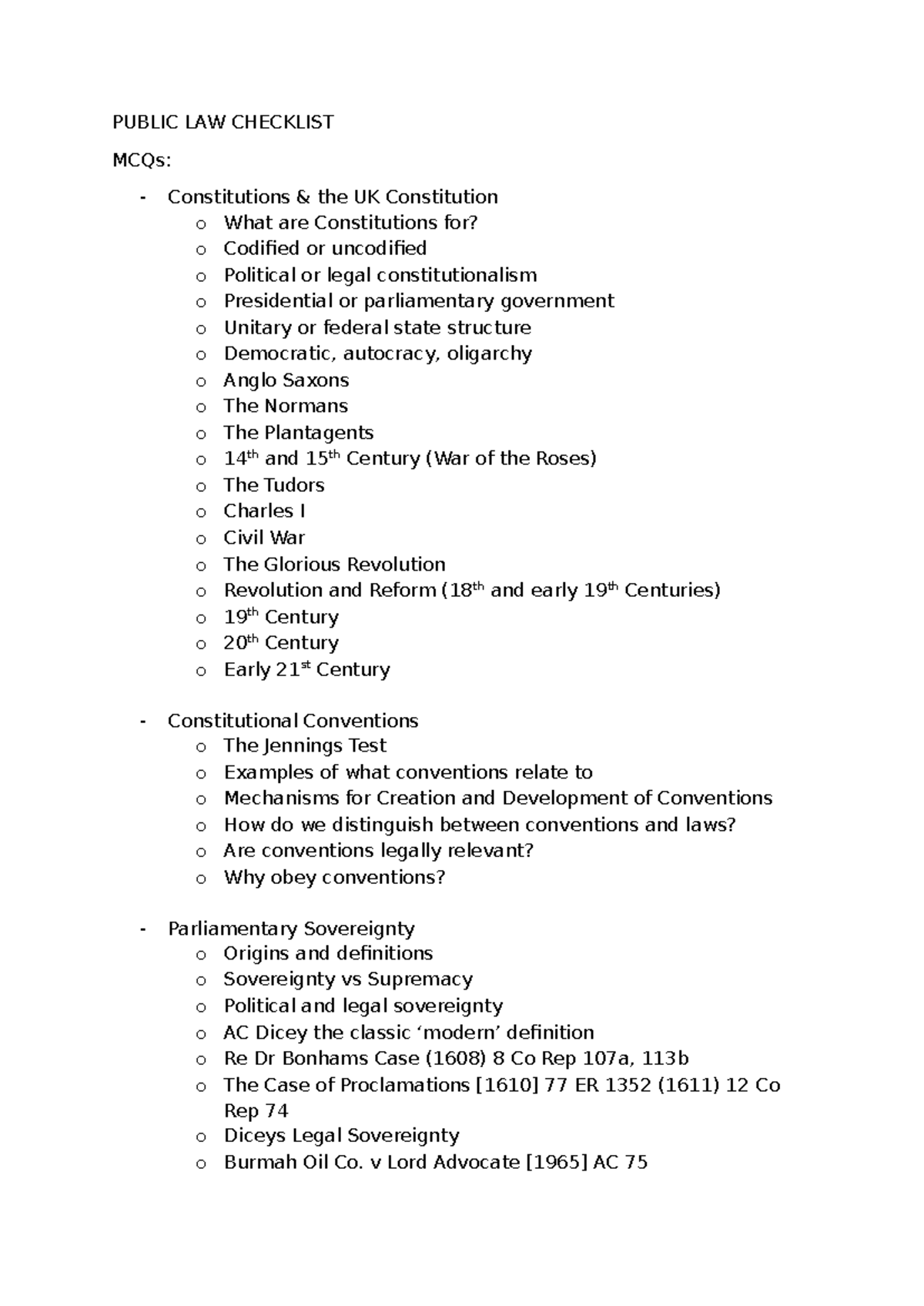 PUBLIC LAW CHECKLIST MCQs: Key Concepts and Historical Context - Studocu