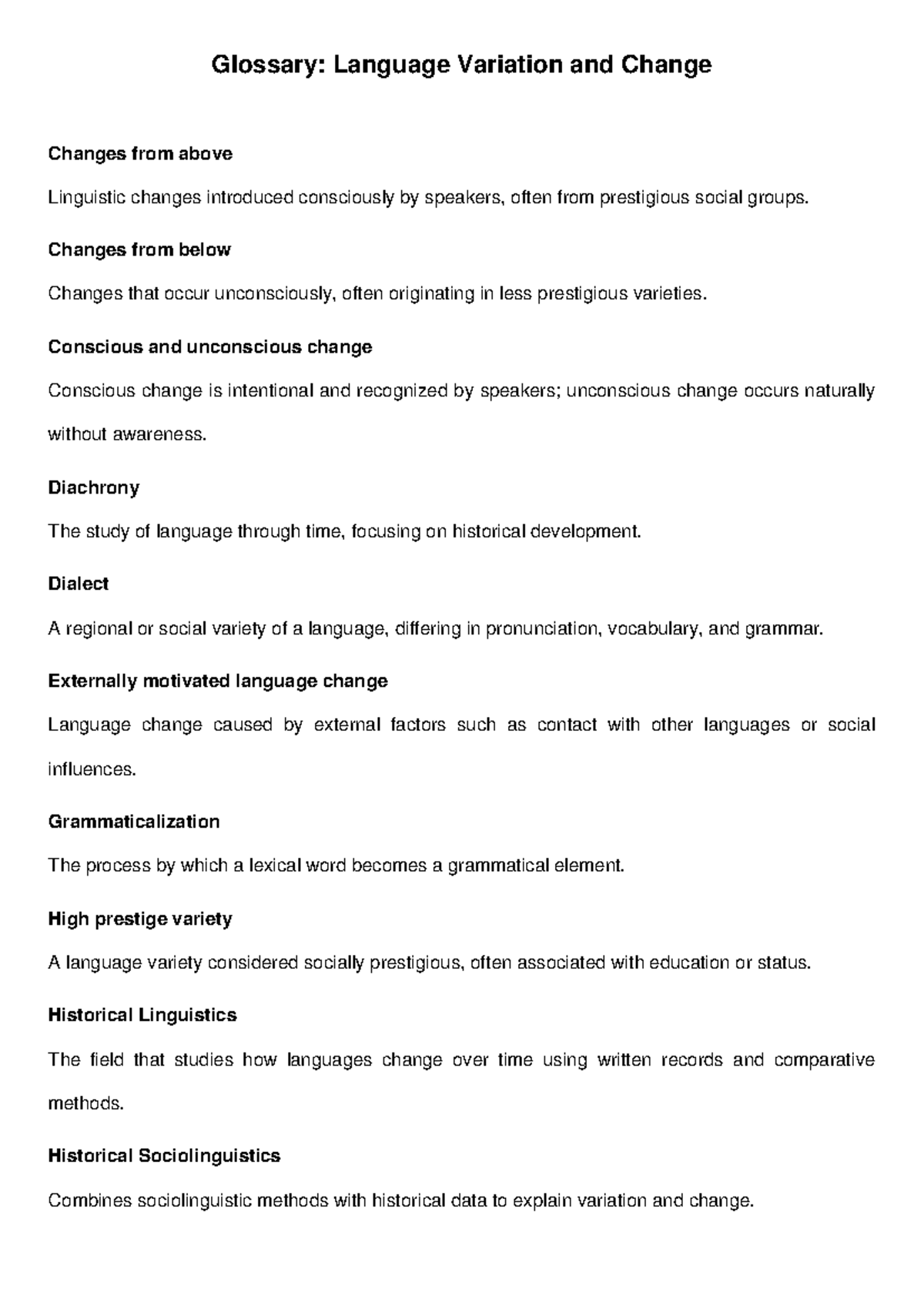 Glossary: Language Variation and Change (Linguistics 101) - Studocu