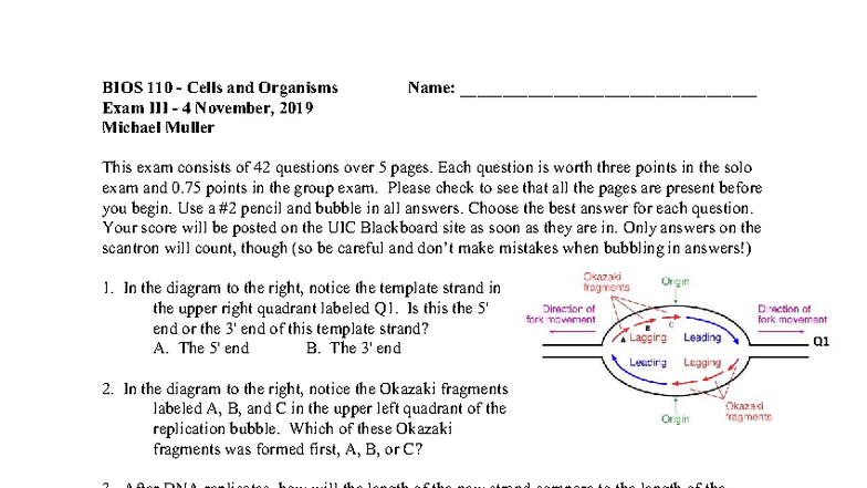 BIOS 110 Cells and Organisms Practice Exam 3 - Nov 2019 - Studocu