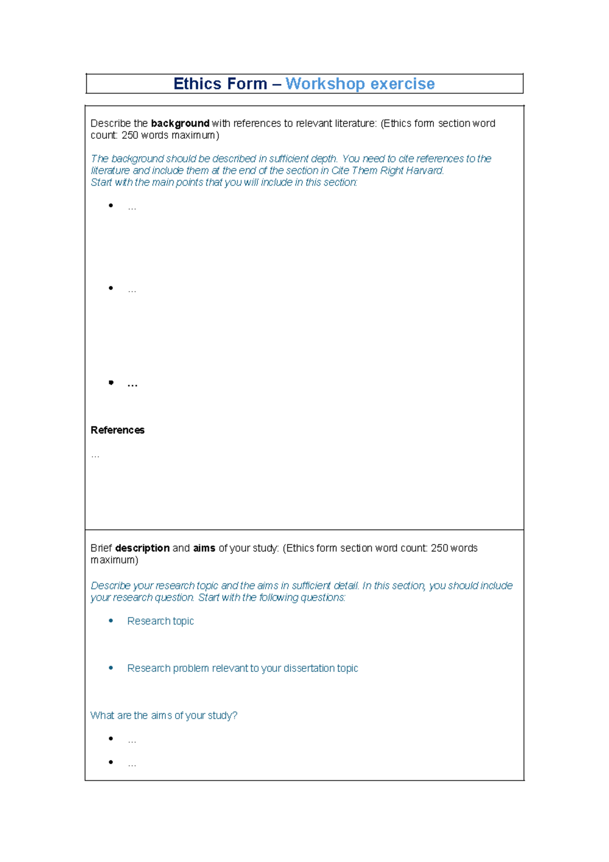 Ethics Form Workshop Exercise: Research Design & Risk Assessment - Studocu
