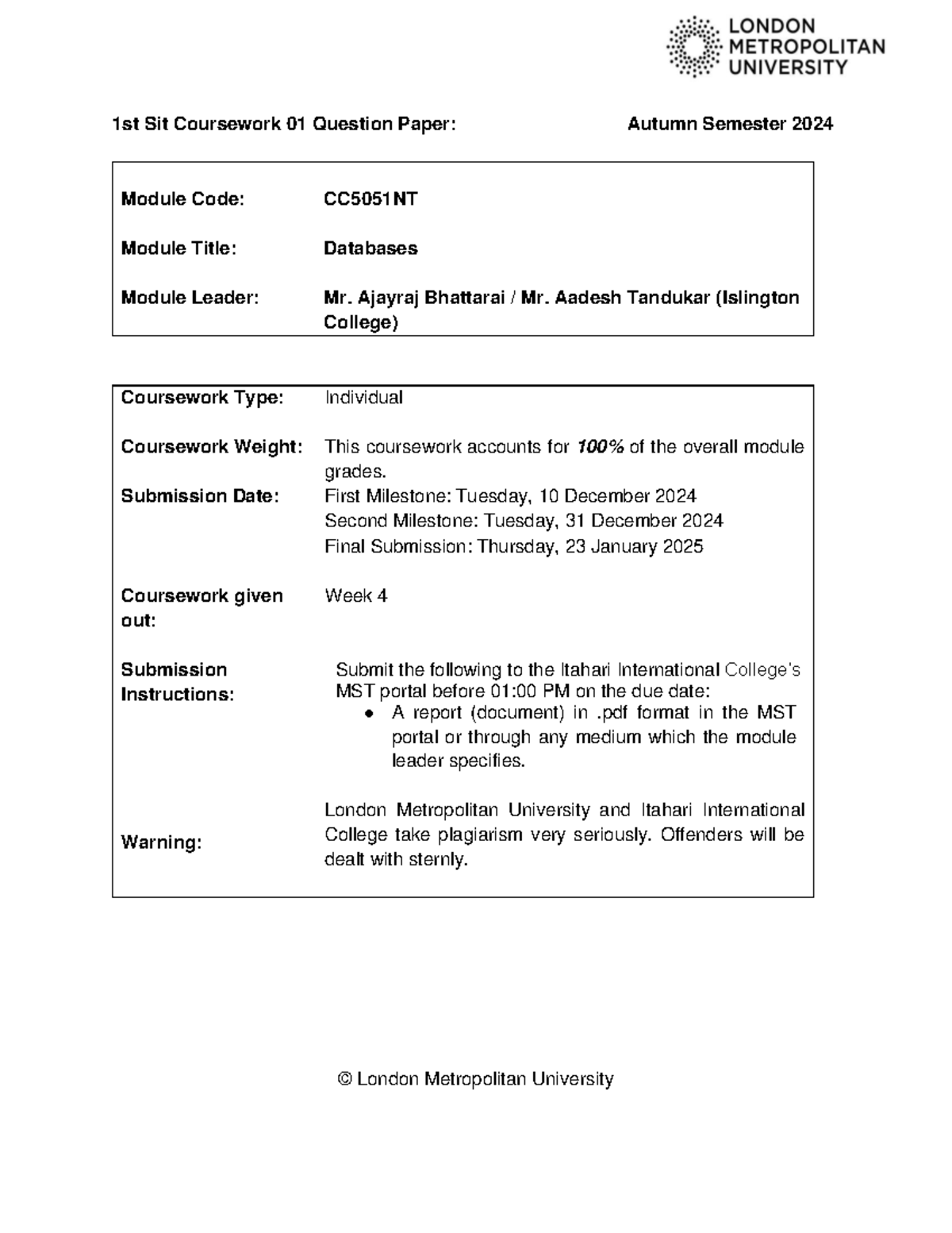 CC5051NTDatabases Y 24Autumn CWQP 1 158702 - 1st Sit Coursework 01 ...