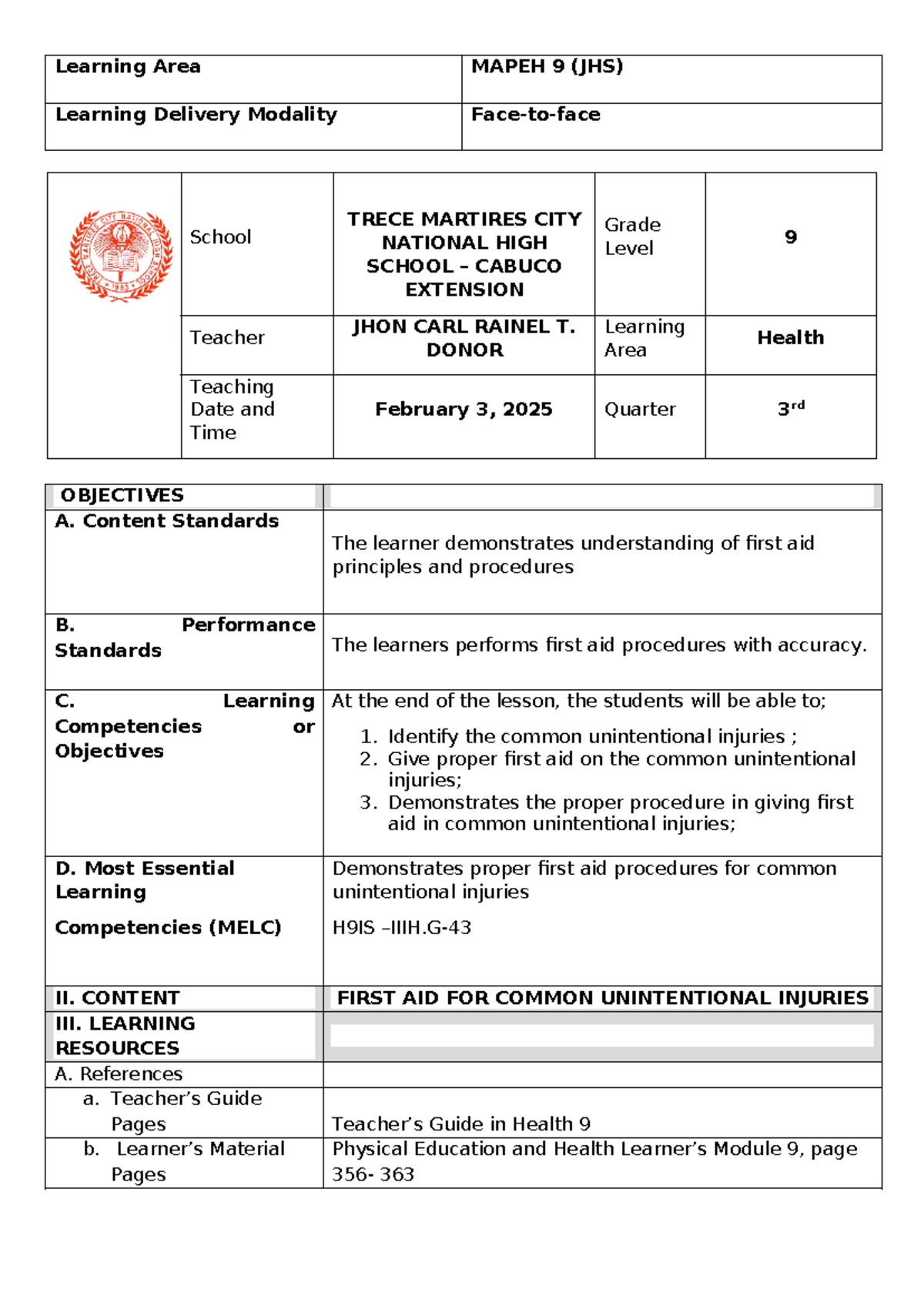 Lesson Plan 9-Health: First Aid for Common Unintentional Injuries - Studocu